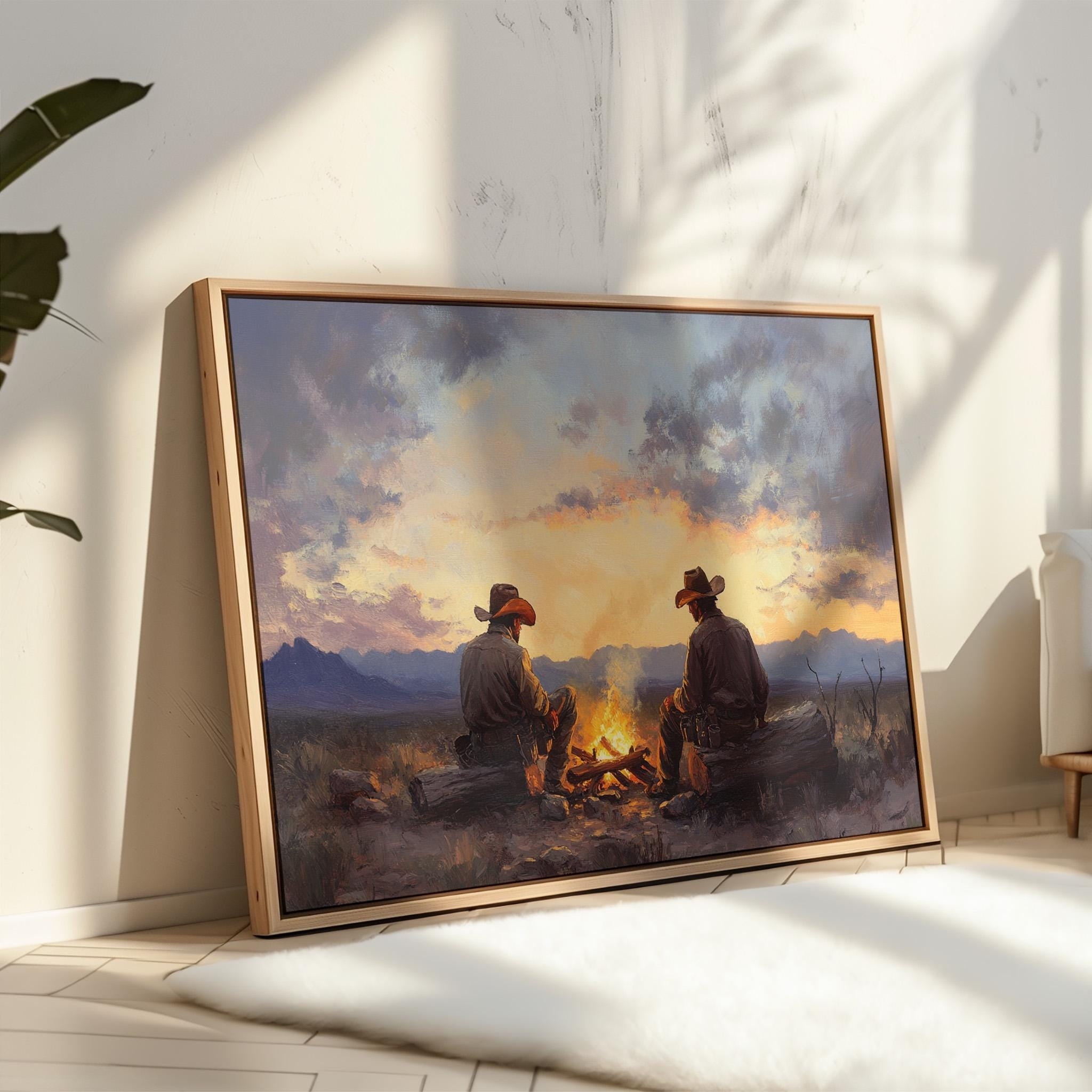 MSFCON Cowboys Campfire Sunset - Western Canvas Art, Rustic Ranch Decor, Wild West Painting ...