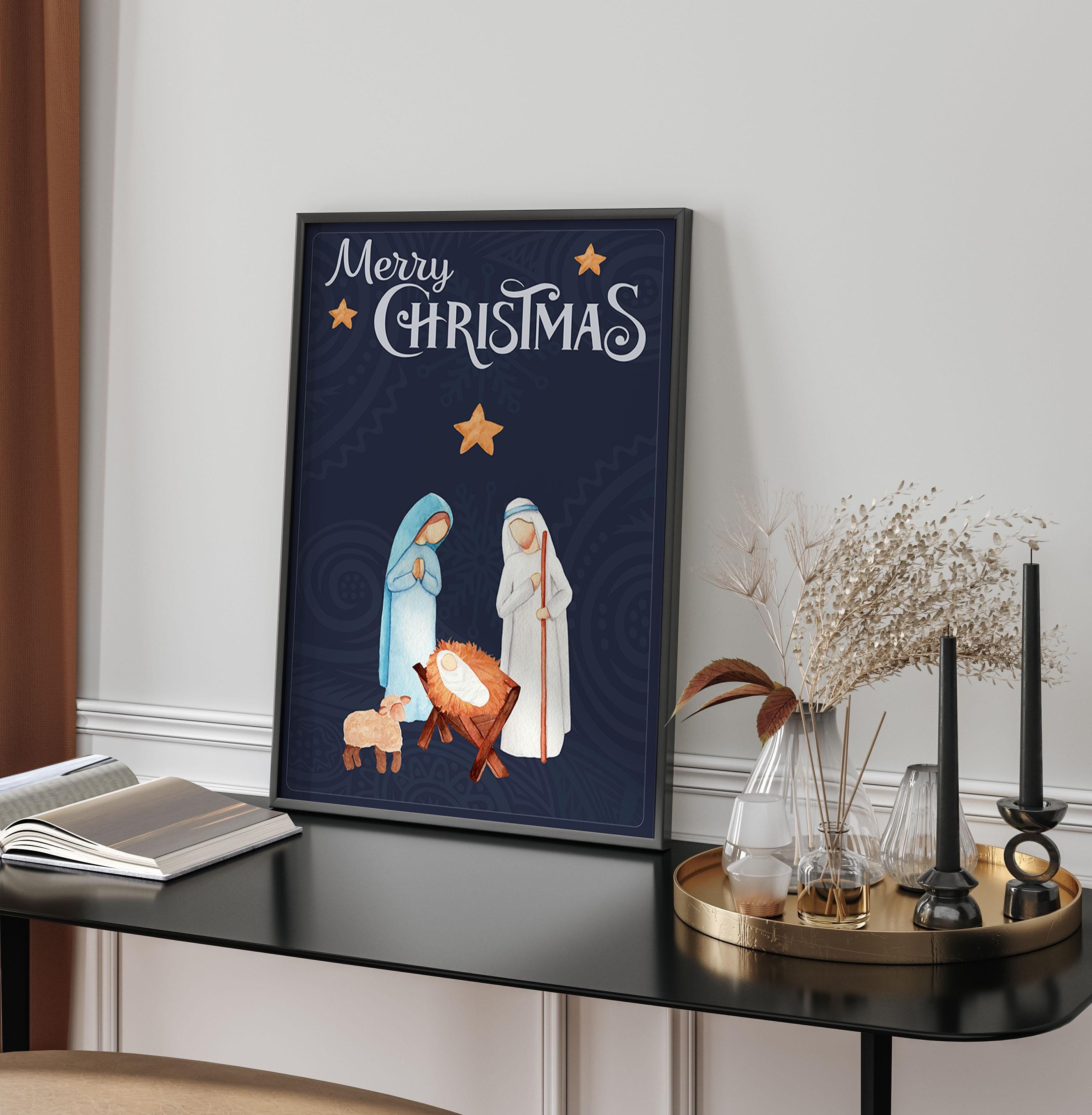 MSFCON Merry Christmas Poster | Navy Blue Nativity Scene Print | Birth ...