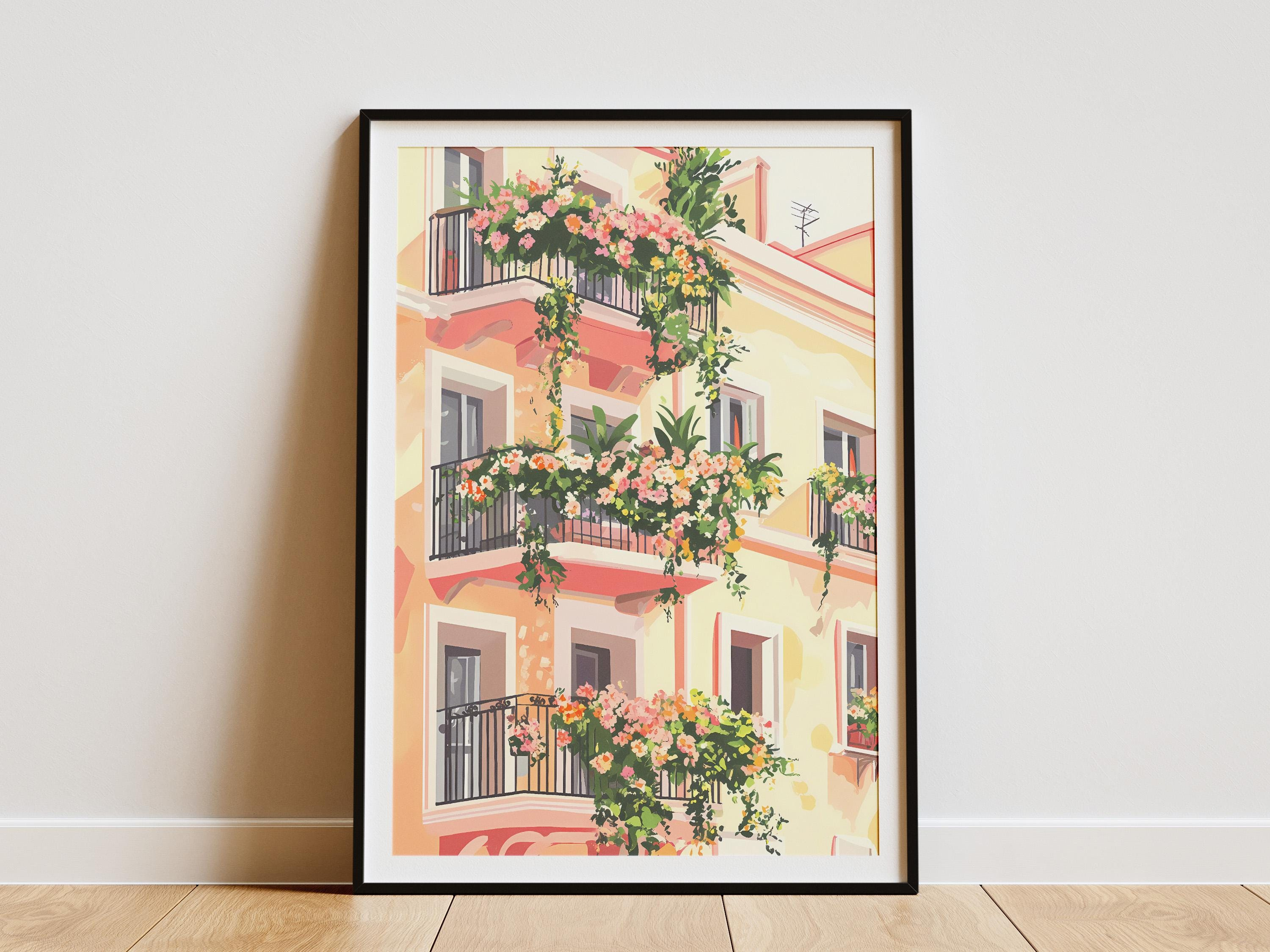 MSFCON Pastel Pink Flower Balcony House Print Italian Building Floral ...