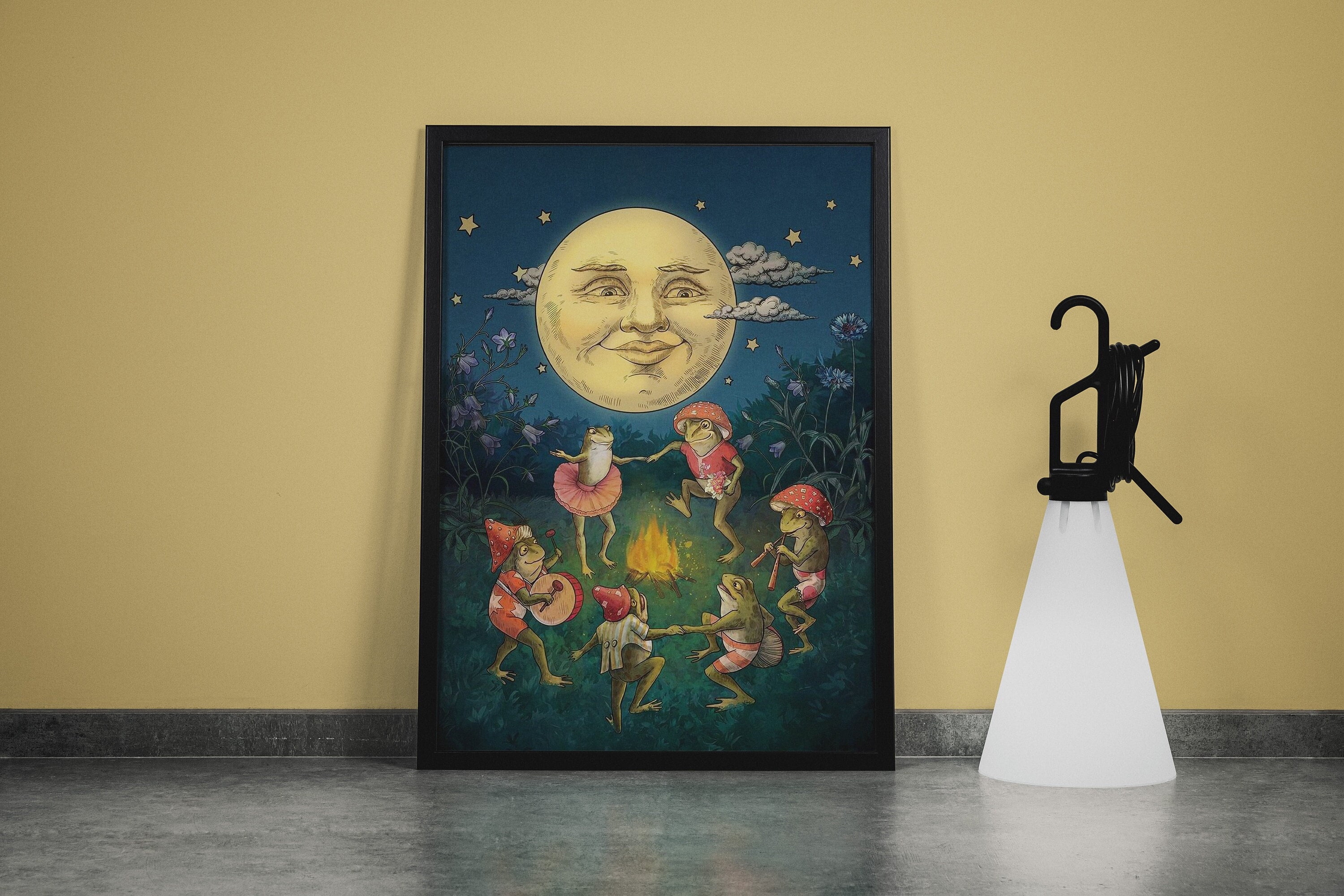 MSFCON Retro Moon Dancing Frogs With Mushroom Wall Print, Vintage Frog Illustration, Trendy ...