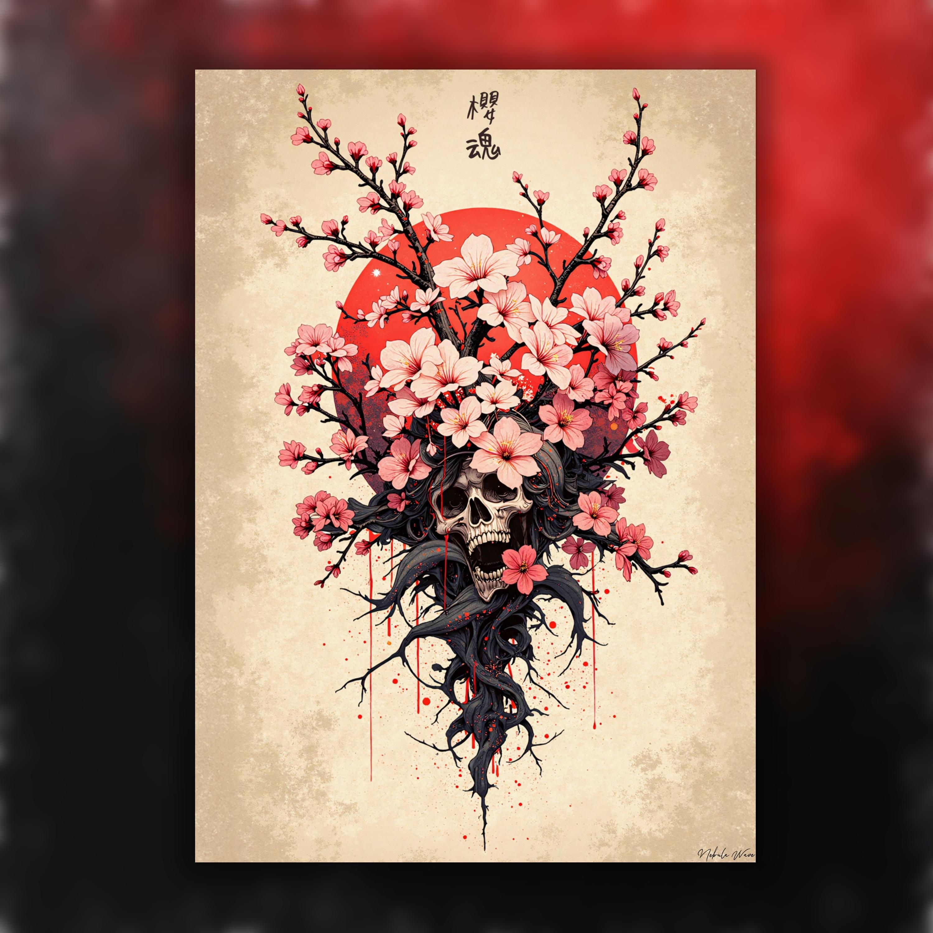 MSFCON Sakura Requiem Wall Art | Gothic Skull & Cherry Blossoms, Dark ...