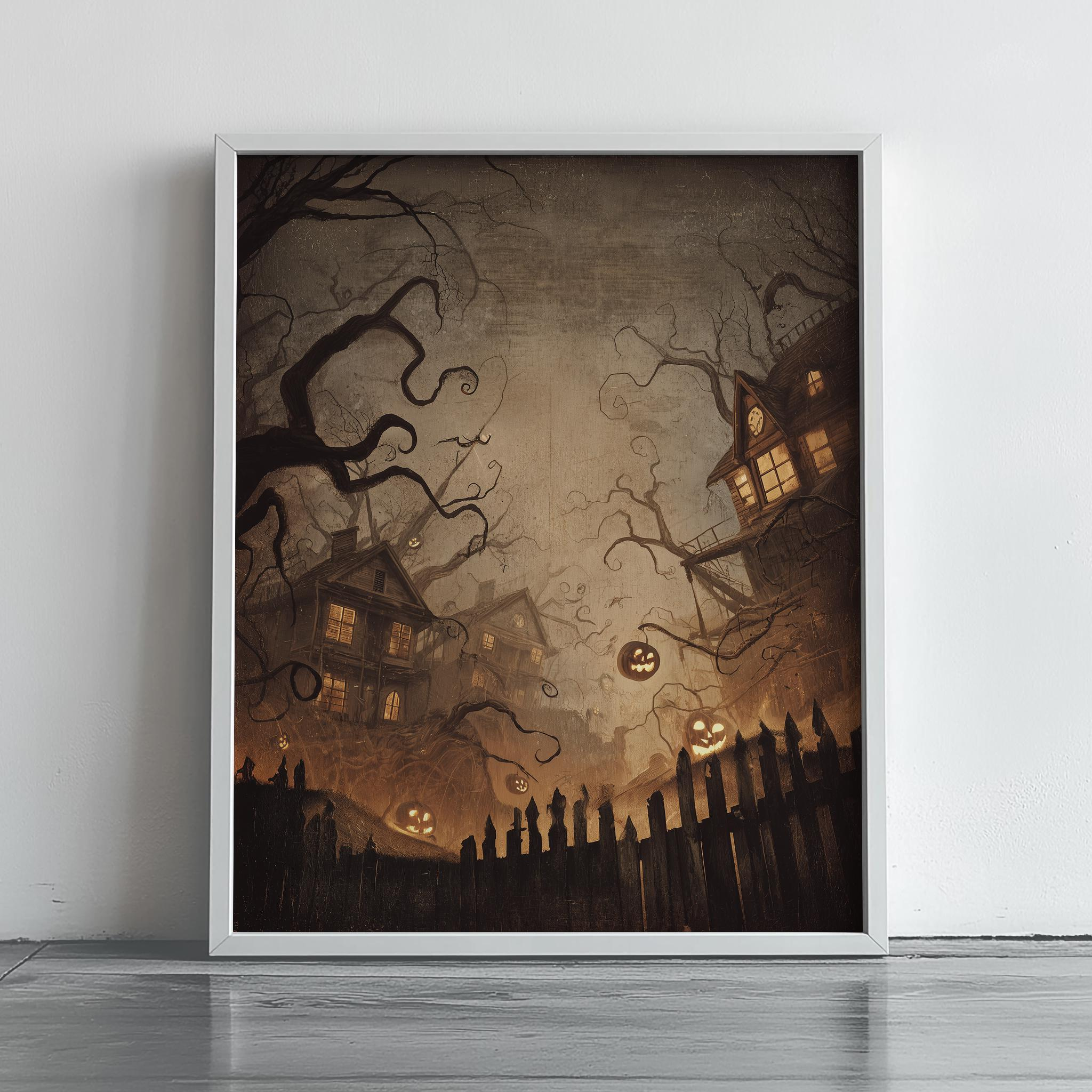 MSFCON Vintage Halloween Wall Art - Spooky Haunted House Scene, Dark ...