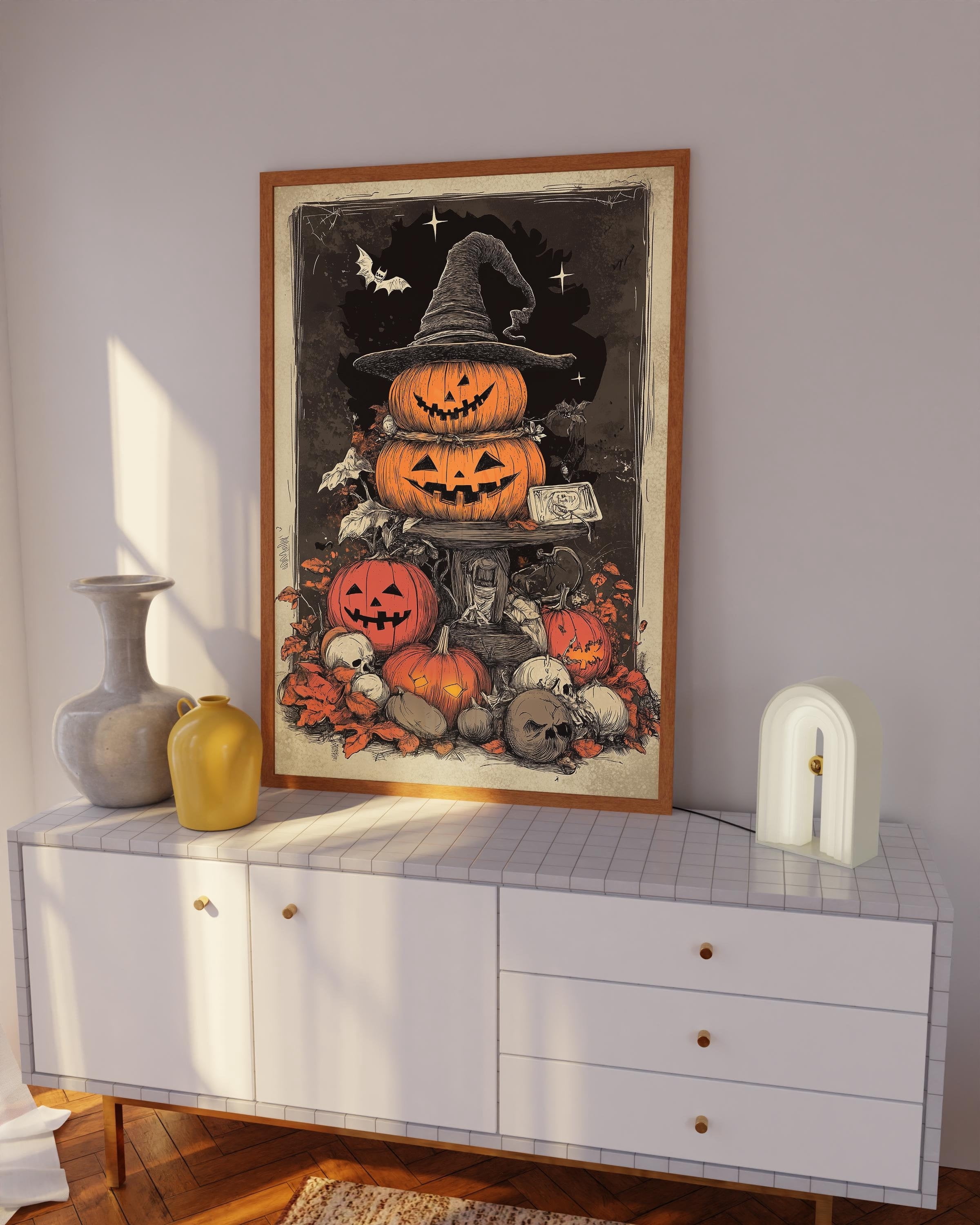 MSFCON Witchy Pumpkin Stack Halloween Art Print, Vintage Halloween ...