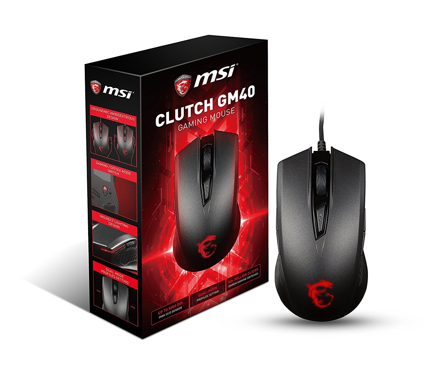 MSI Clutch GM40 Black Gaming Mouse - PMW3310 - Cable - Black - USB ...