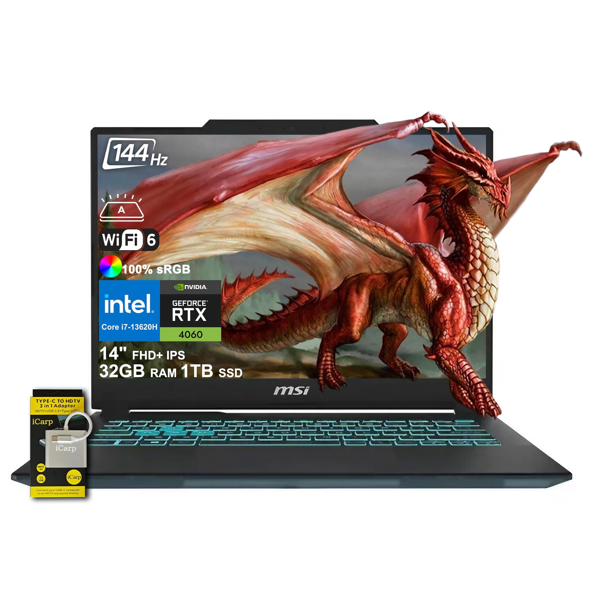 MSI Cyborg 14 Gaming Laptop, 14" FHD+ IPS 144Hz (100% sRGB), 13th Gen ...