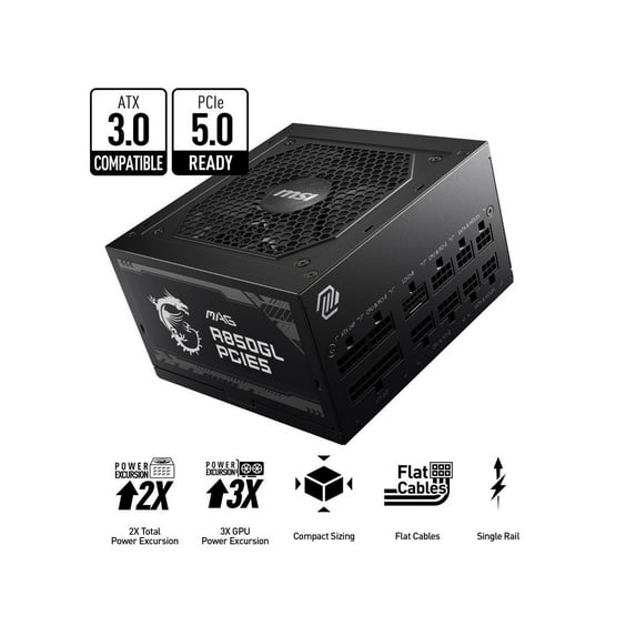 MSI - MAG A850GL PCIE 5.0, 80 GOLD Fully Modular Gaming PSU, 12VHPWR Cable, ATX 3.0 Compatible ...