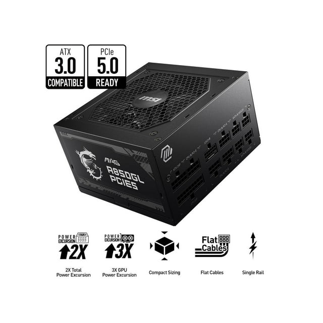 MSI - MAG A850GL PCIE 5.0, 80 GOLD Fully Modular Gaming PSU, 12VHPWR Cable, ATX 3.0 Compatible ...