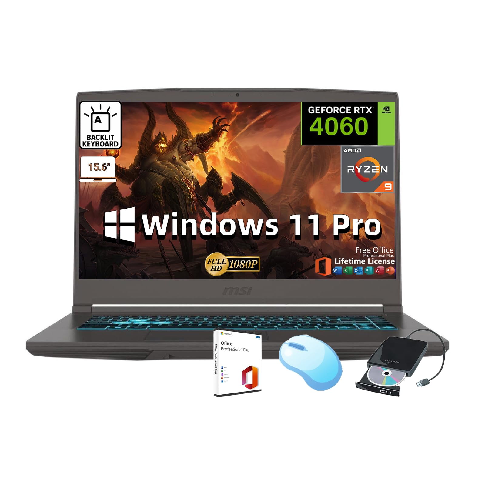 MSI Thin 15 Gaming Laptop - w/Office Lifetime & External DVD Drive, GeForce RTX 4060 Laptop GPU ...