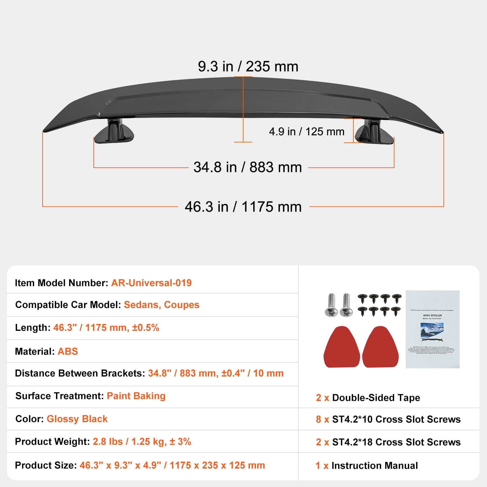 MSJ VEVOR GT Wing Car Spoiler 46.3 Inch Universal Spoiler Compatible ...