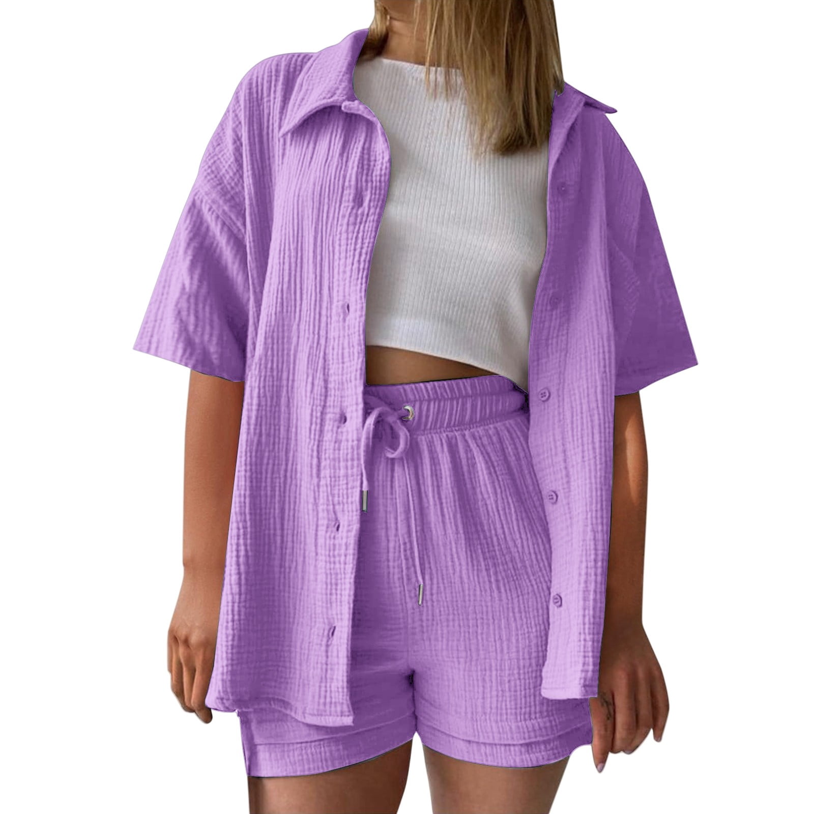 MSJUHEG 2 Piece Outfits Sweatsuit Linen Shorts for Women 2 Piece Sets ...