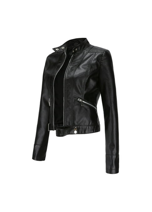 SPYM Women's Faux Leather Moto Biker Short Coat Jacket, Windproof ...