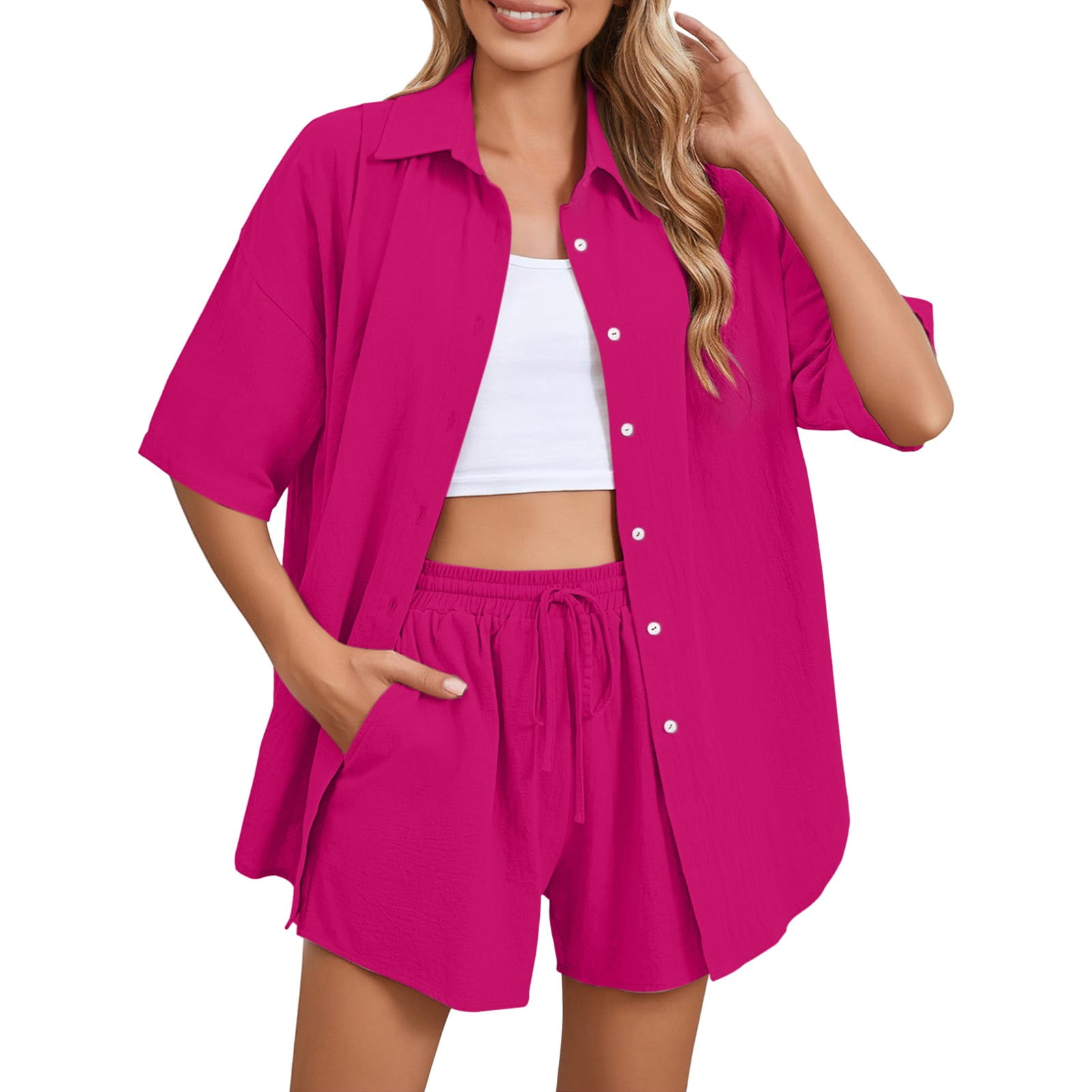MSJUHEG Linen Set Women Short Set 2 Piece Summer Sets for Women Plus ...