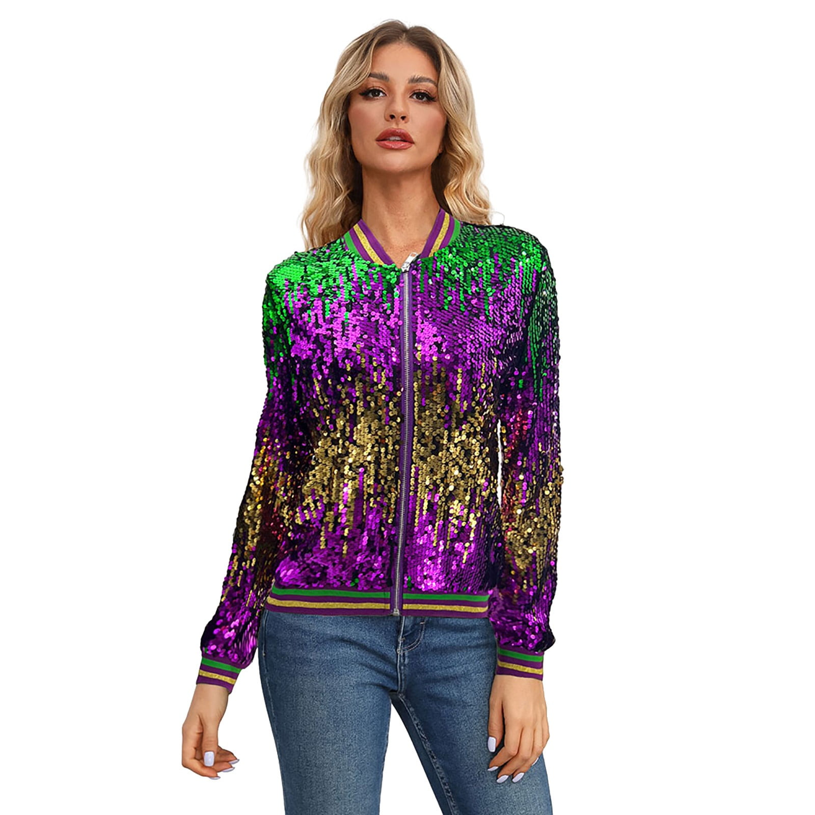 MSJUHEG Mardi Gras Jacket O-neck Mardi Gras Sequin Top Coats for Women ...