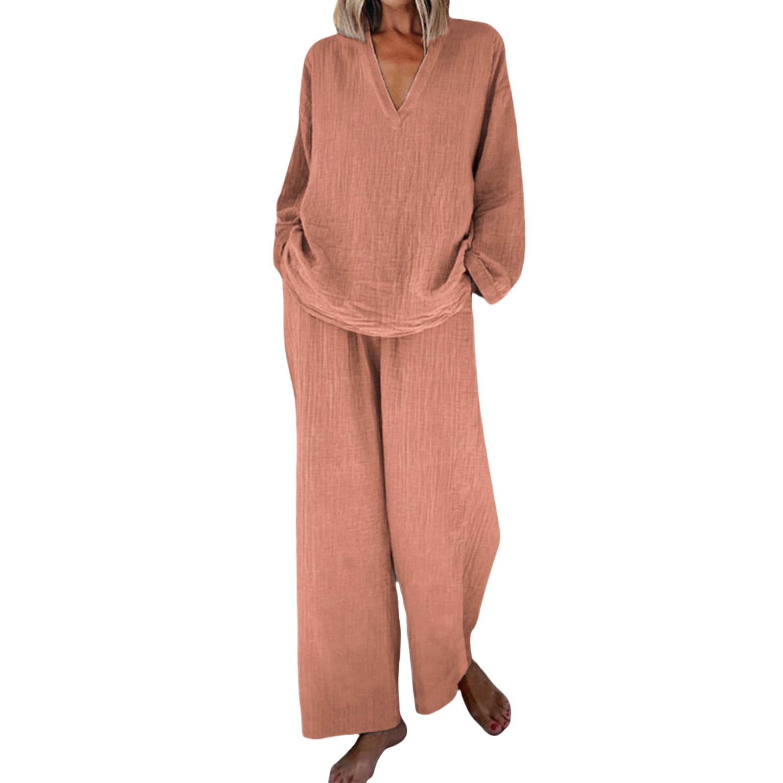 MSJUHEG Travel Outfits for Women 2 Piece Sets Linen Pants Women 2 Piece Pants Set for Women ...