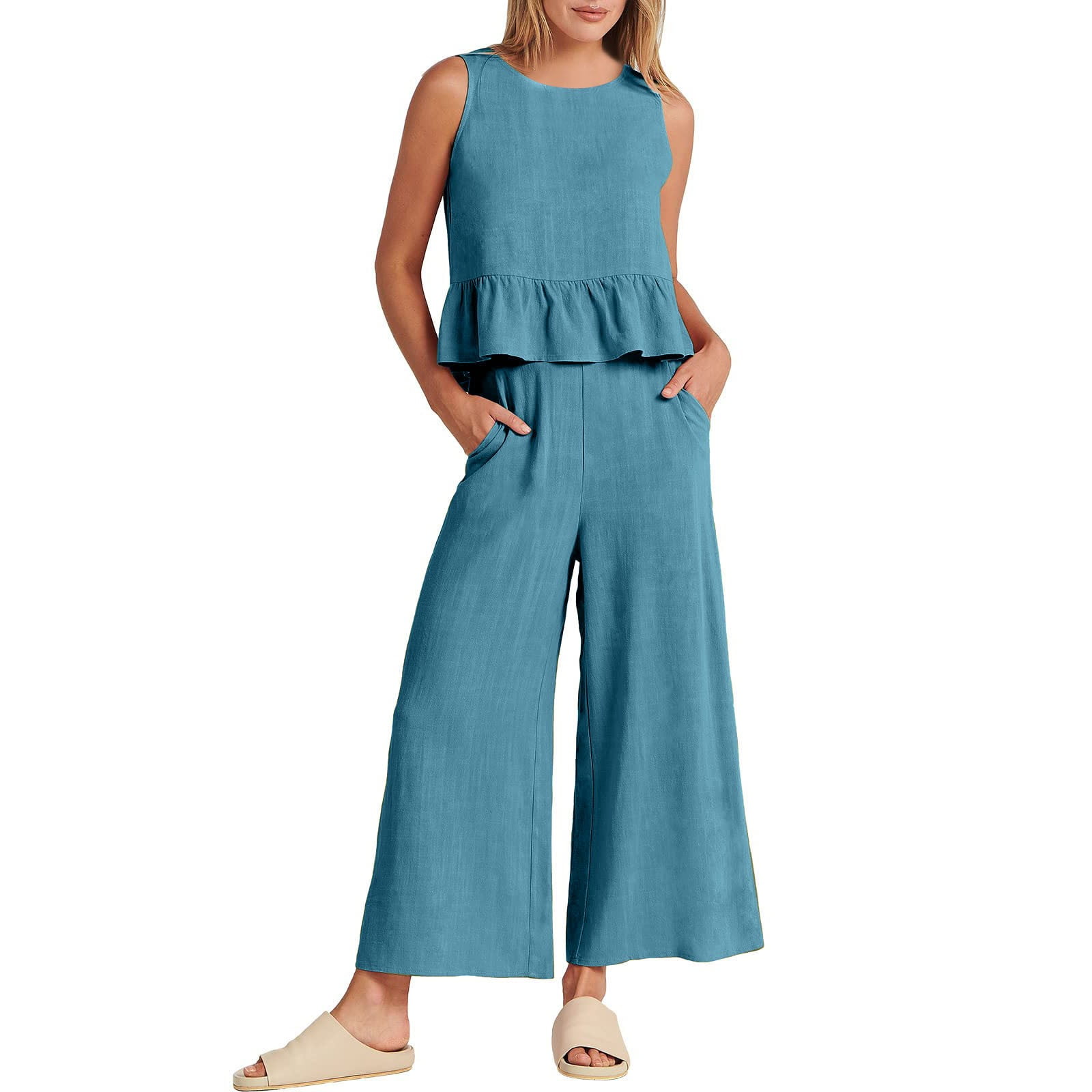 MSJUHEG Two Piece Outfits For Women Fall Outfits 2 Piece Solid Color ...