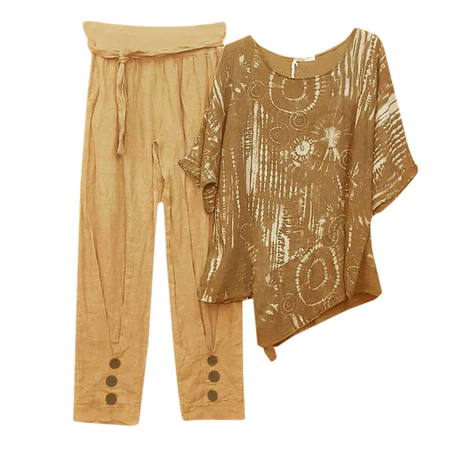 MSJUHEG Two Piece Outfits For Women Fall Outfits Prints Linen O Neck ...