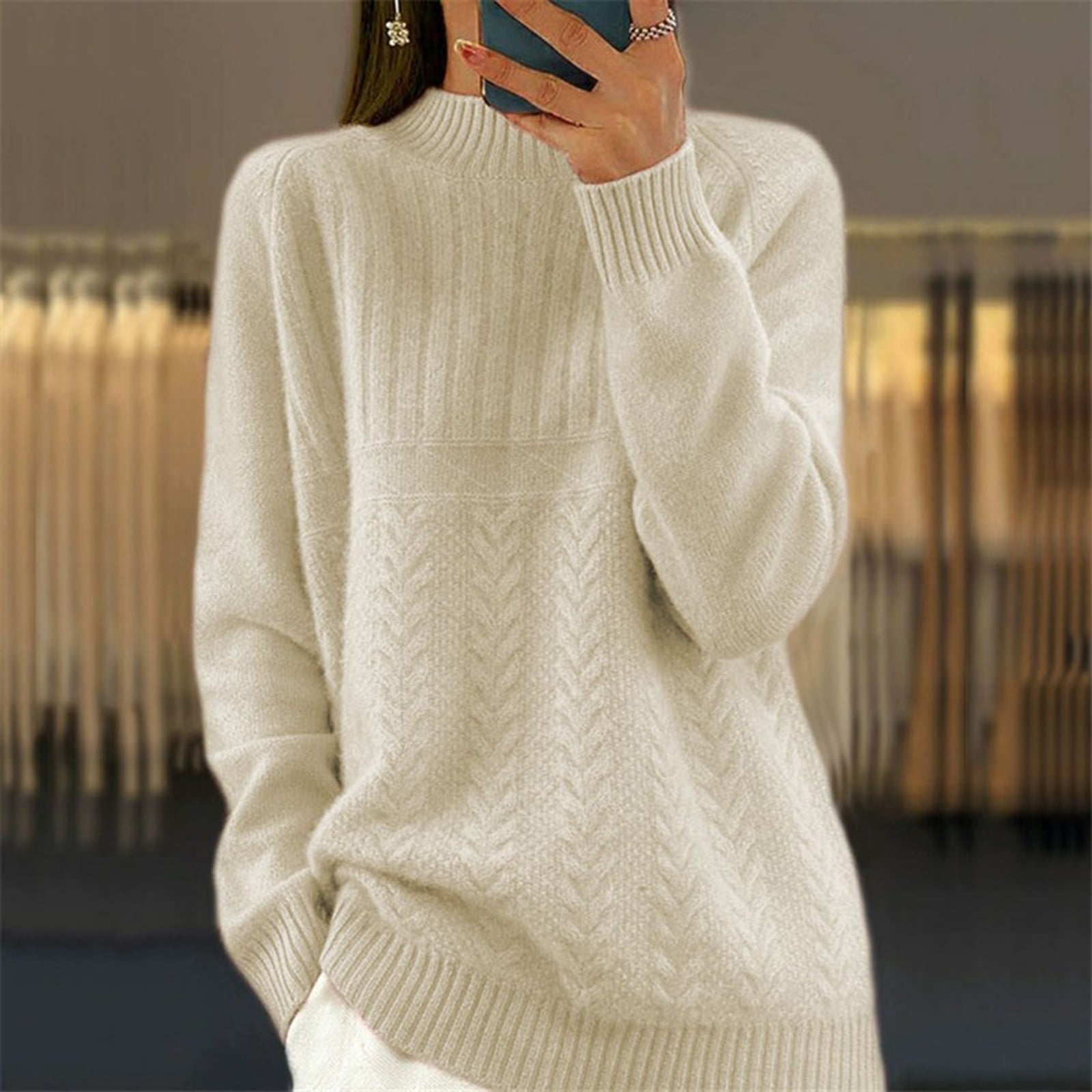 MSJbahu Cozy Womens Sweaters Beige Knitted Long Sleeve Crew Neck ...
