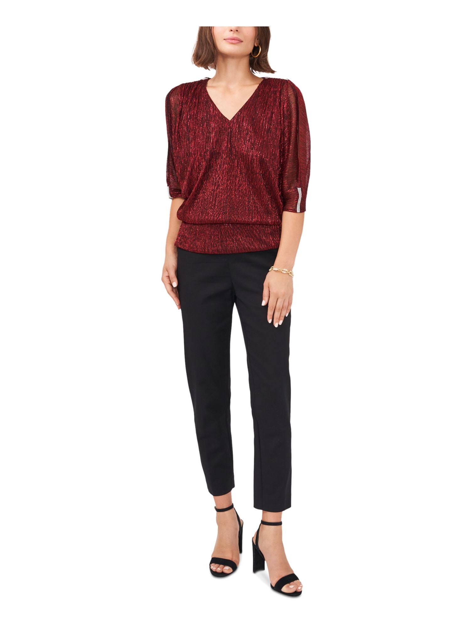 MSK PETITES Womens Red Rhinestone Cold Shoulder Semi-sheer Lined ...