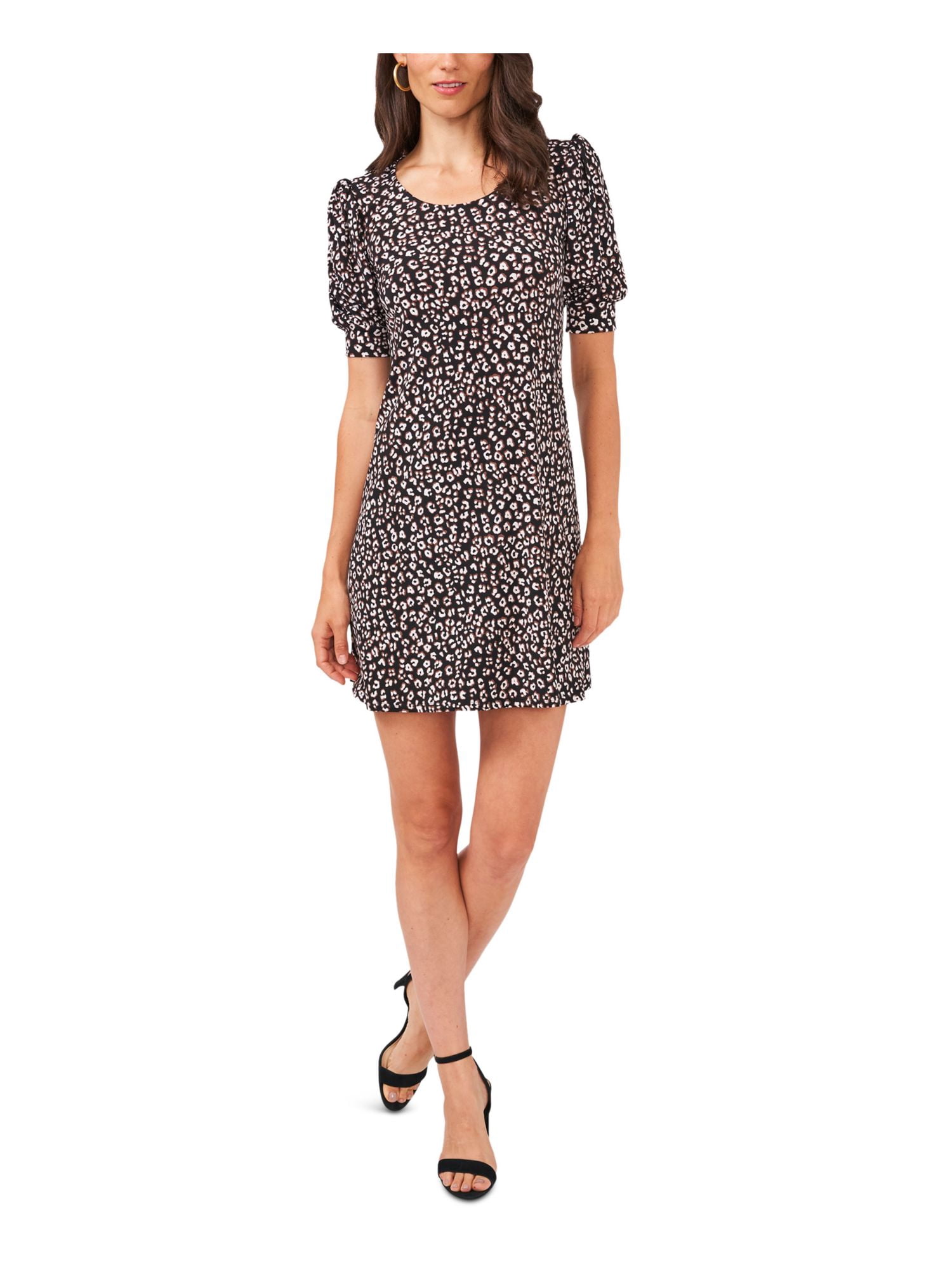 MSK Womens Black Stretch Animal Print Pouf Sleeve Round Neck Short Wear ...