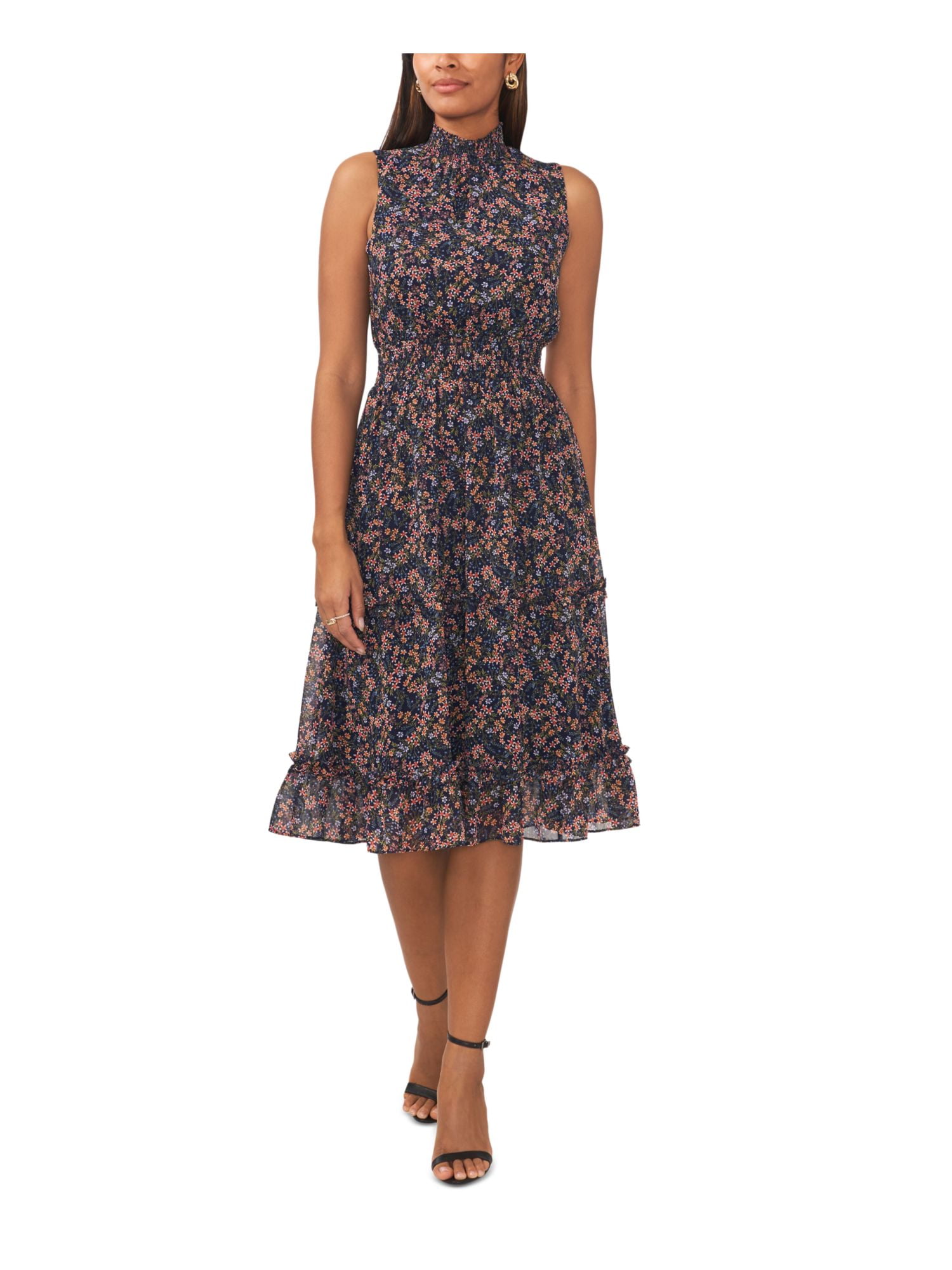 MSK Womens Navy Smocked Lined Keyhole Back Tiered Pullover Floral ...