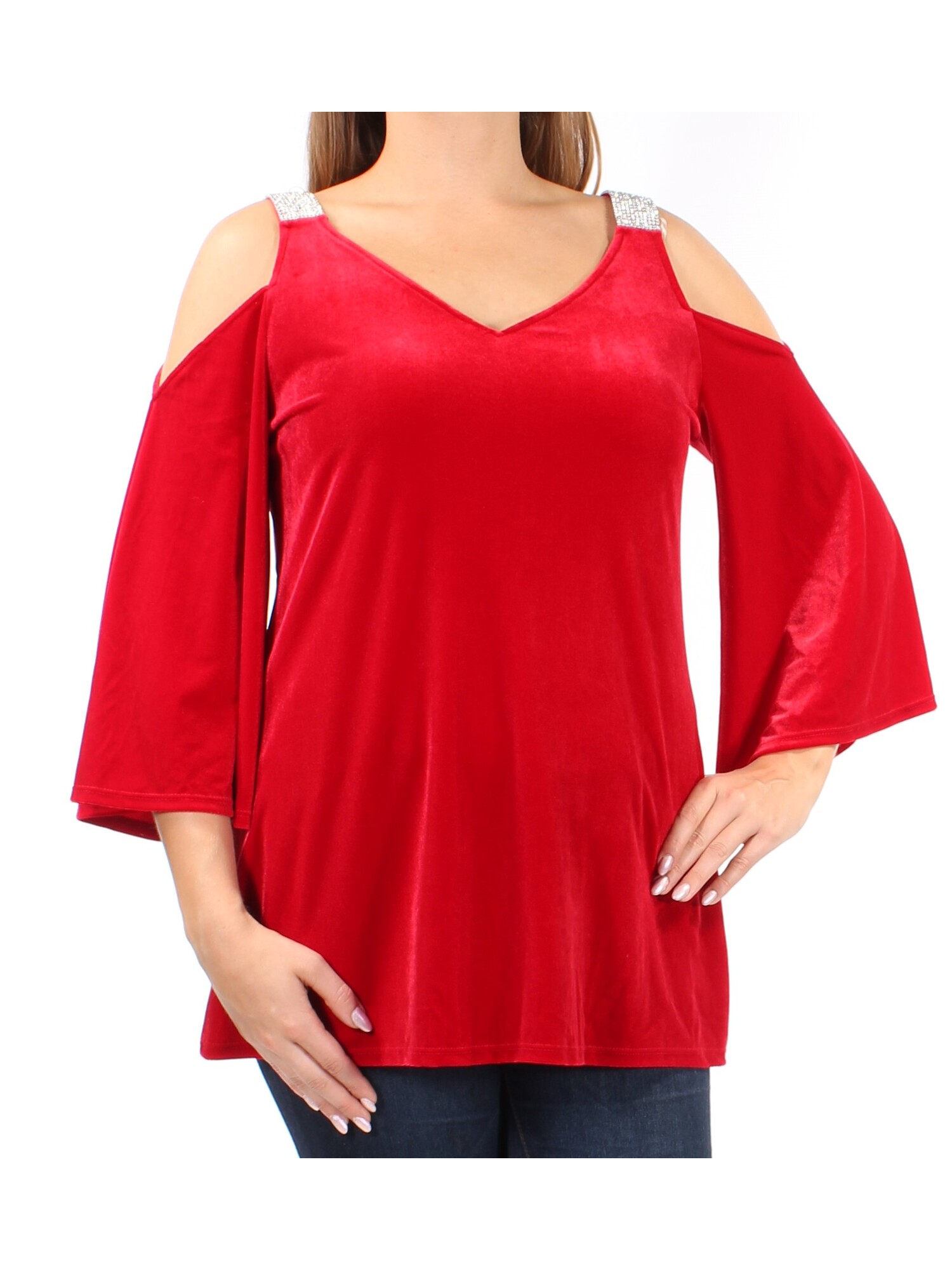 MSK Womens Red Cut Out Velvet Bell Sleeve V Neck Party Top Size: M ...