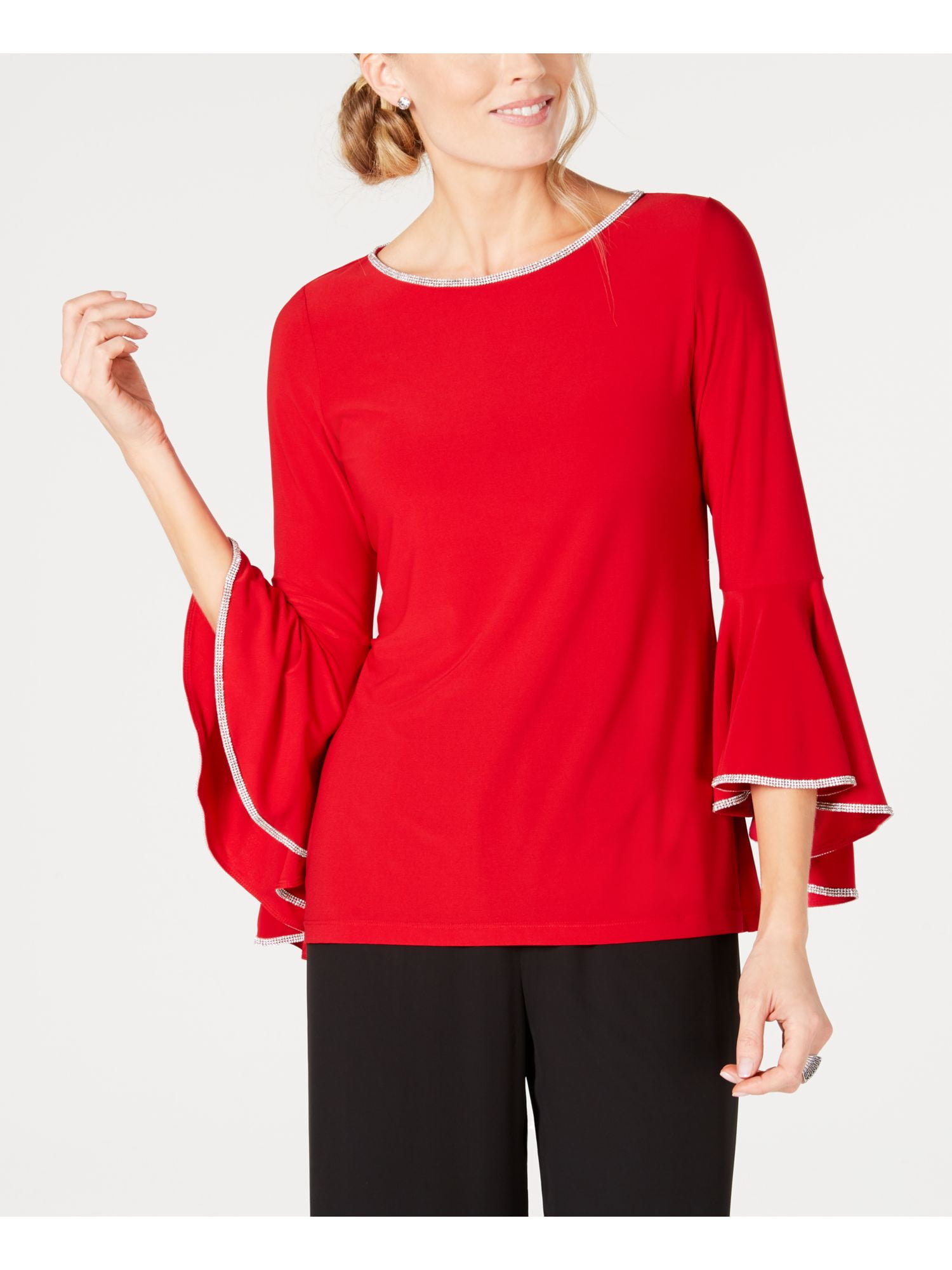 MSK Womens Red Rhinestone Bell Sleeve Top M - Walmart.com