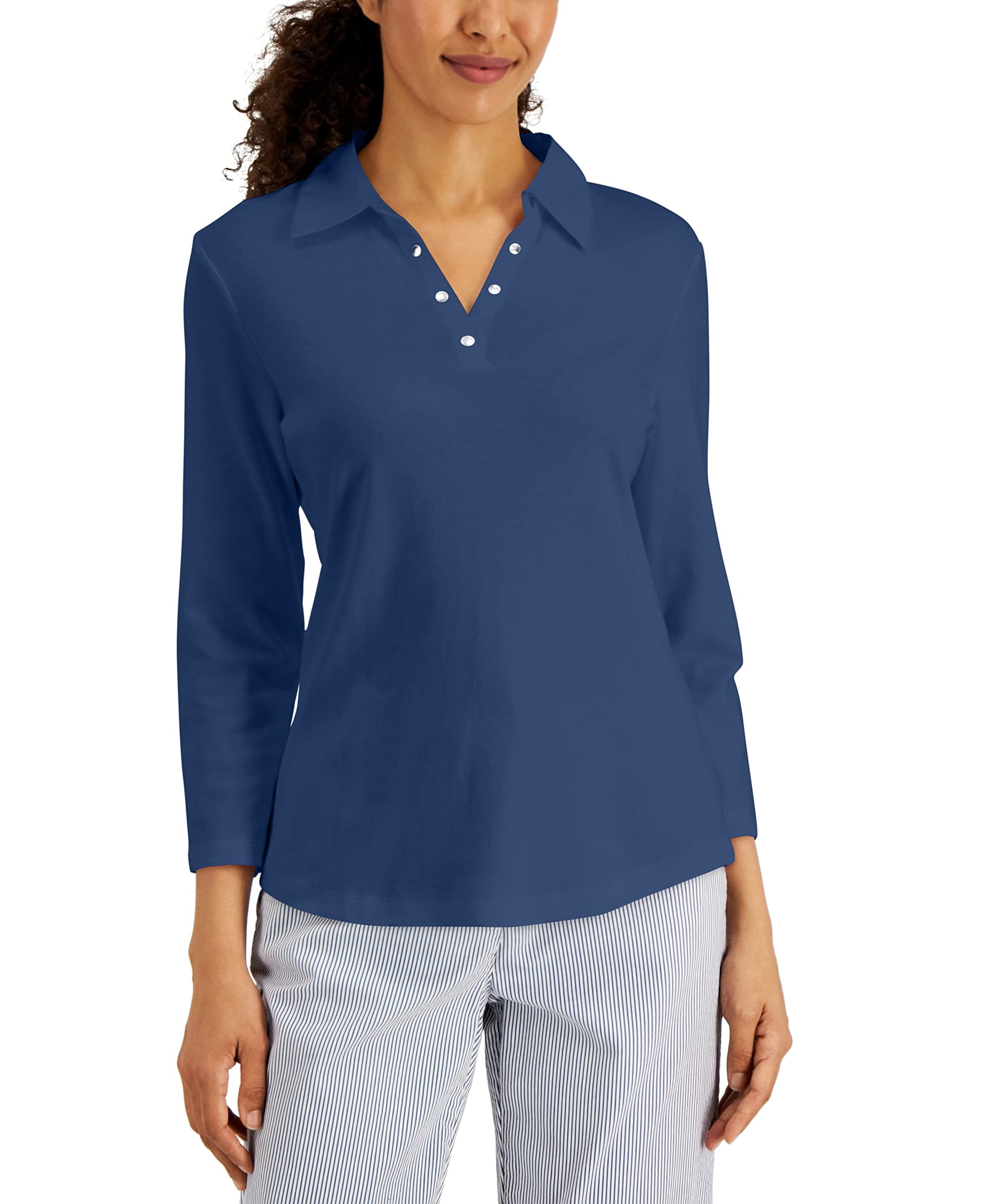 MSRP $37 Karen Scott Womens Cotton Studded Johnny-Collar Top Blue Size ...