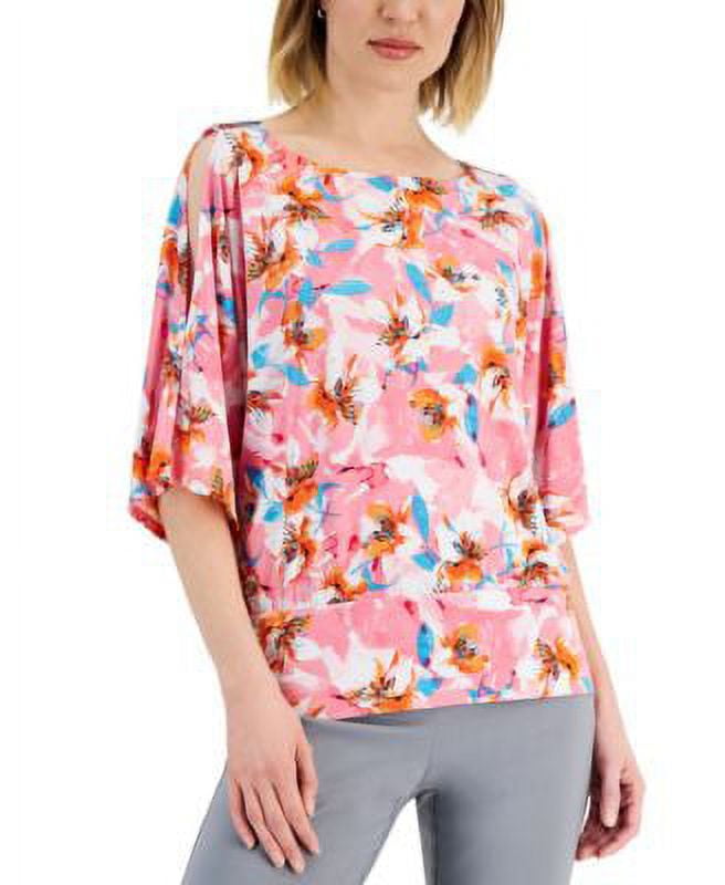 JM Collection Womens Abstract Print Cutout Sleeve Top Pink Gemstone ...
