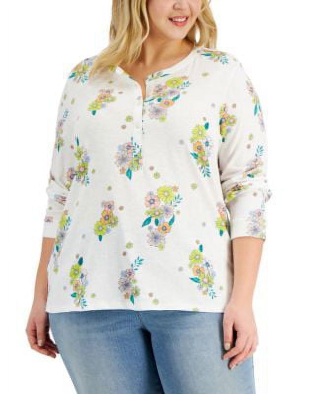 MSRP $55 Style & Co Women Plus Size Floral-Print Cotton Henley Top ...
