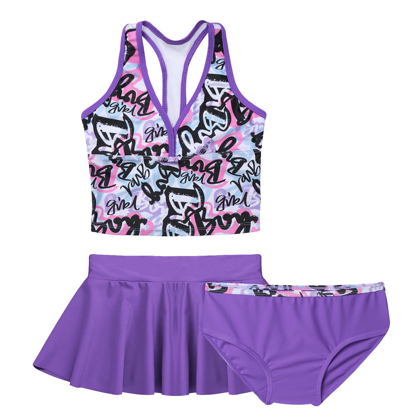 MSemis Girls 3 Piece Swimsuits Floral Tankini Set with Skirt Swimsuit ...
