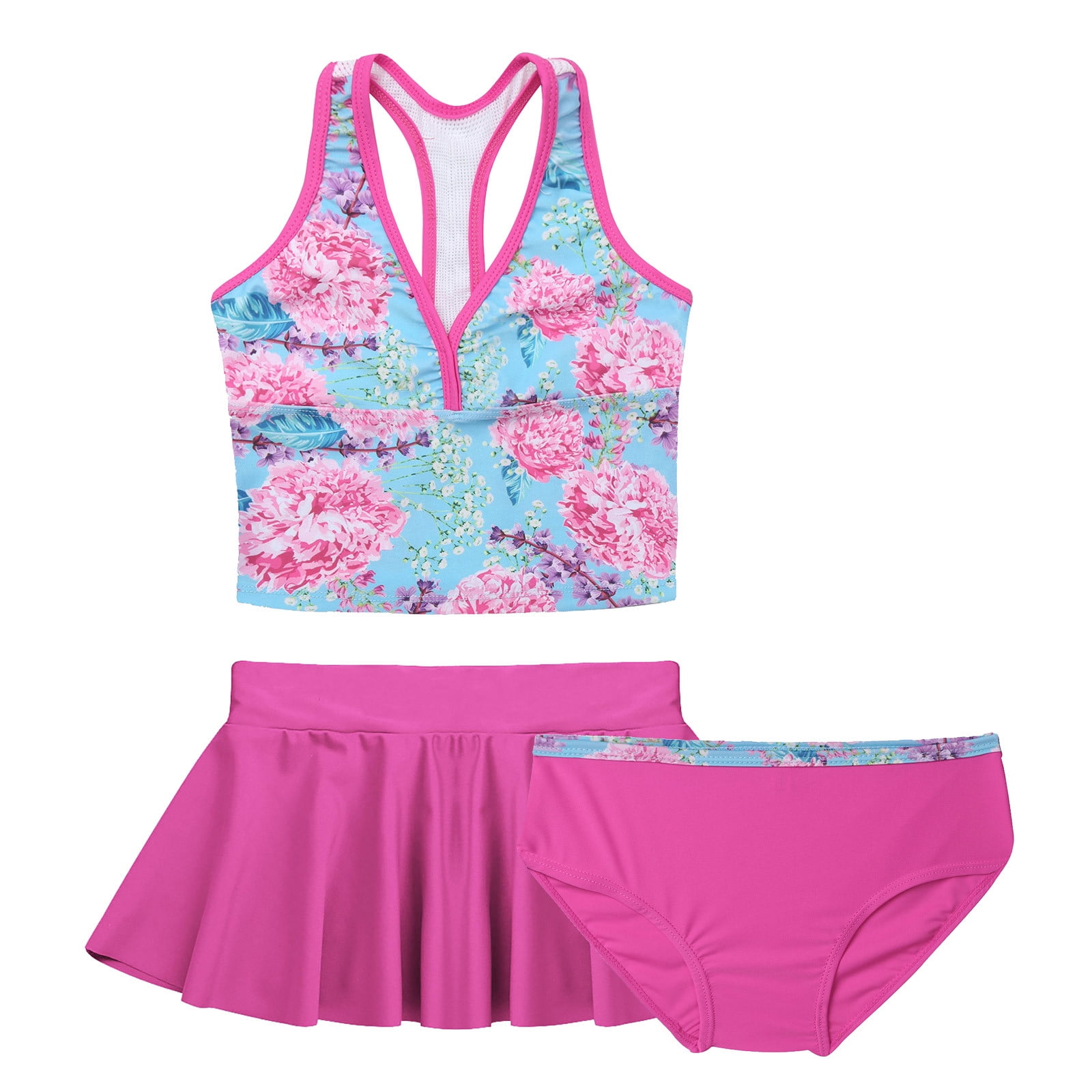MSemis Girls 3 Piece Swimsuits Floral Tankini Set with Skirt Swimsuit ...