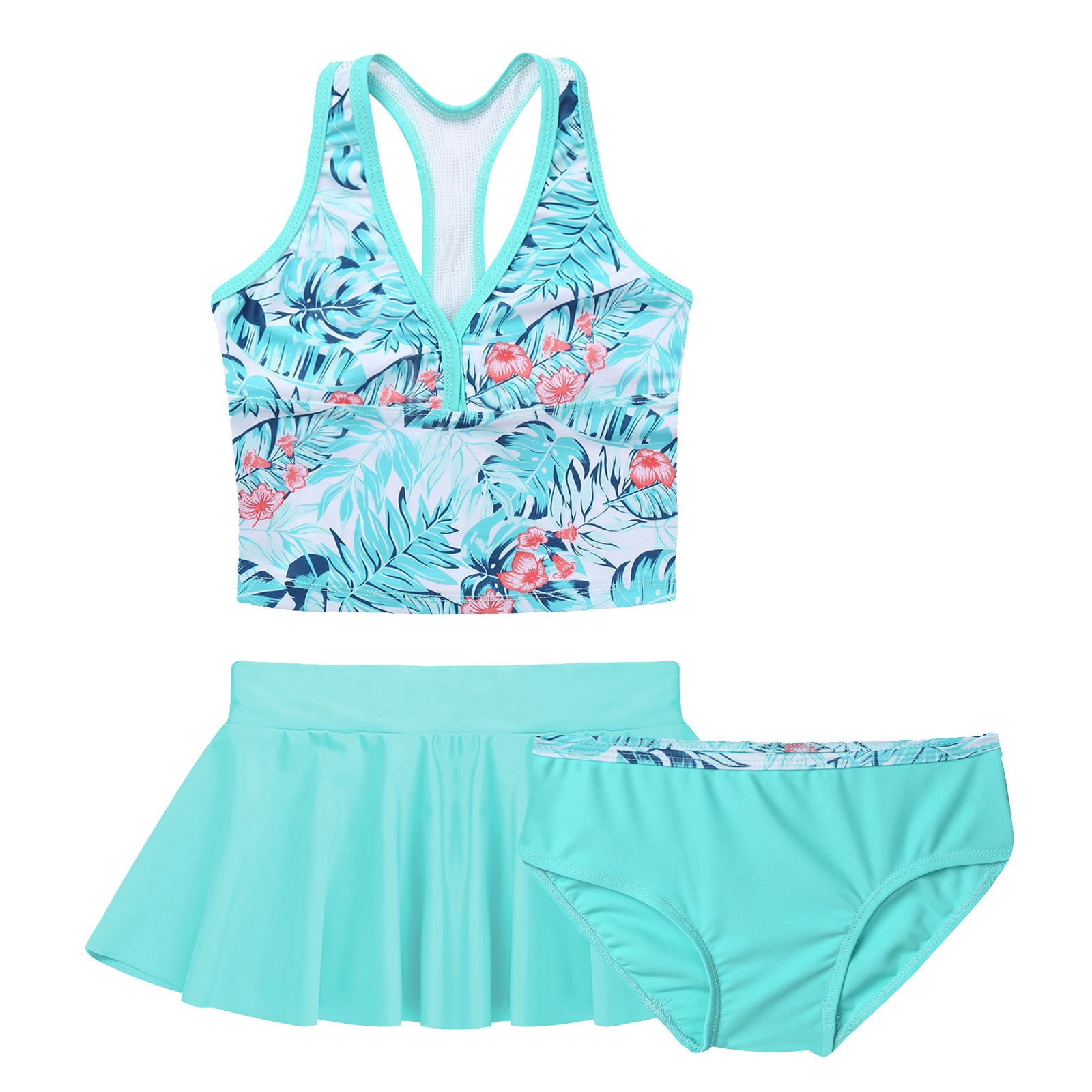 MSemis Girls 3 Piece Swimsuits Floral Tankini Set with Skirt Swimsuit ...