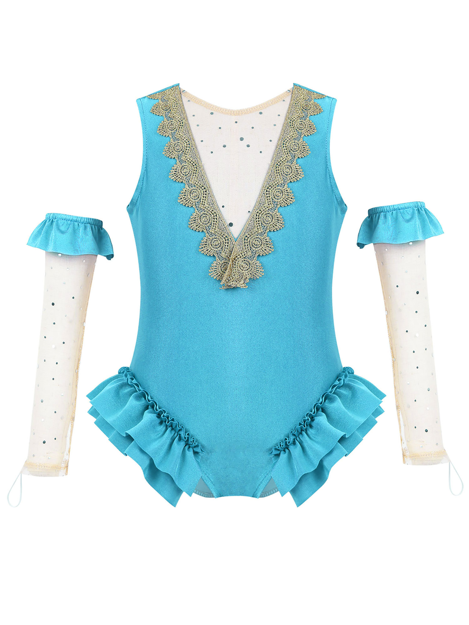 MSemis Girls Circus Show Costume Mesh V-Shape Leotard with Arm Sleeves ...