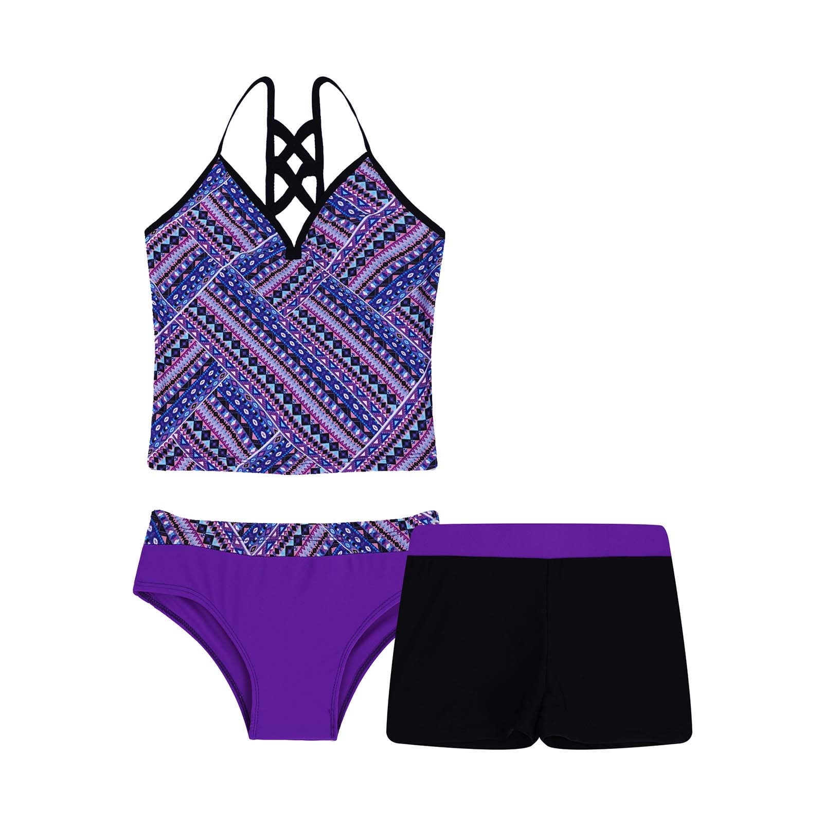 MSemis Girls Printed Tankini Swimsuit Set, 3-Piece, Purple Floral ...
