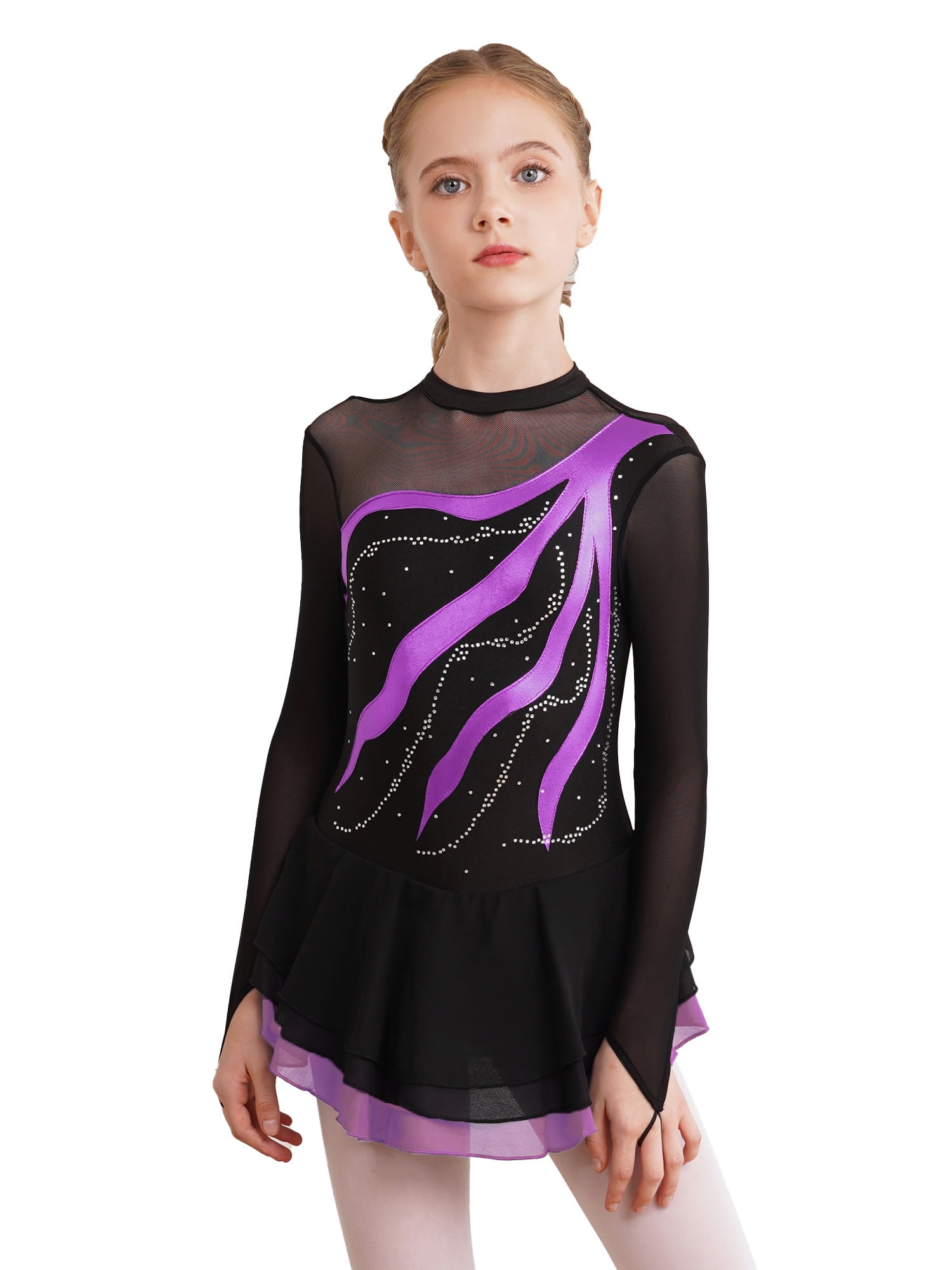 MSemis Girls Kids Rhinestone Long Sleeve Figure Ice Skating Dress ...