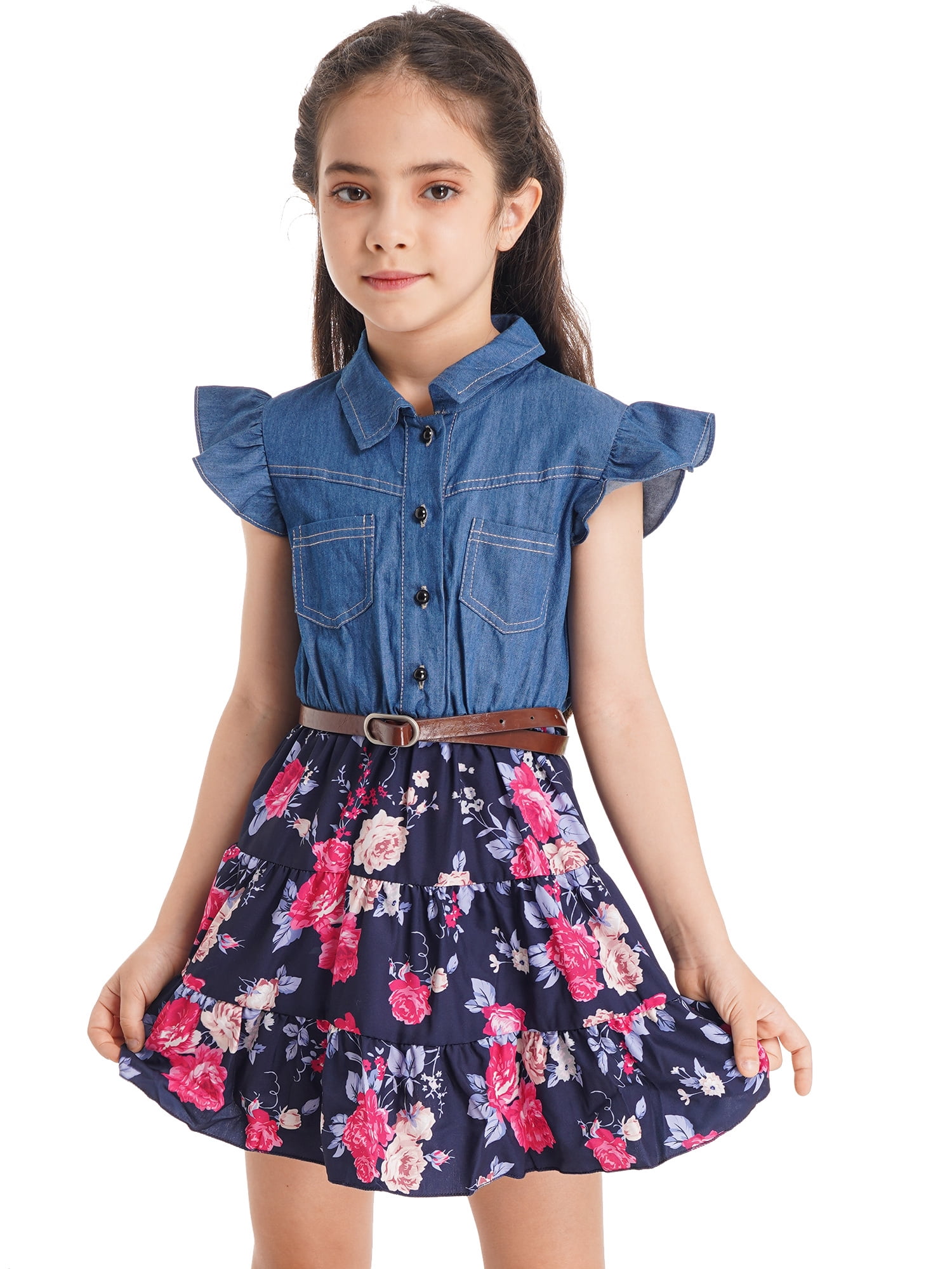 MSemis Girls One-Piece Outfits Flying Sleeve Denim Top with Floral ...