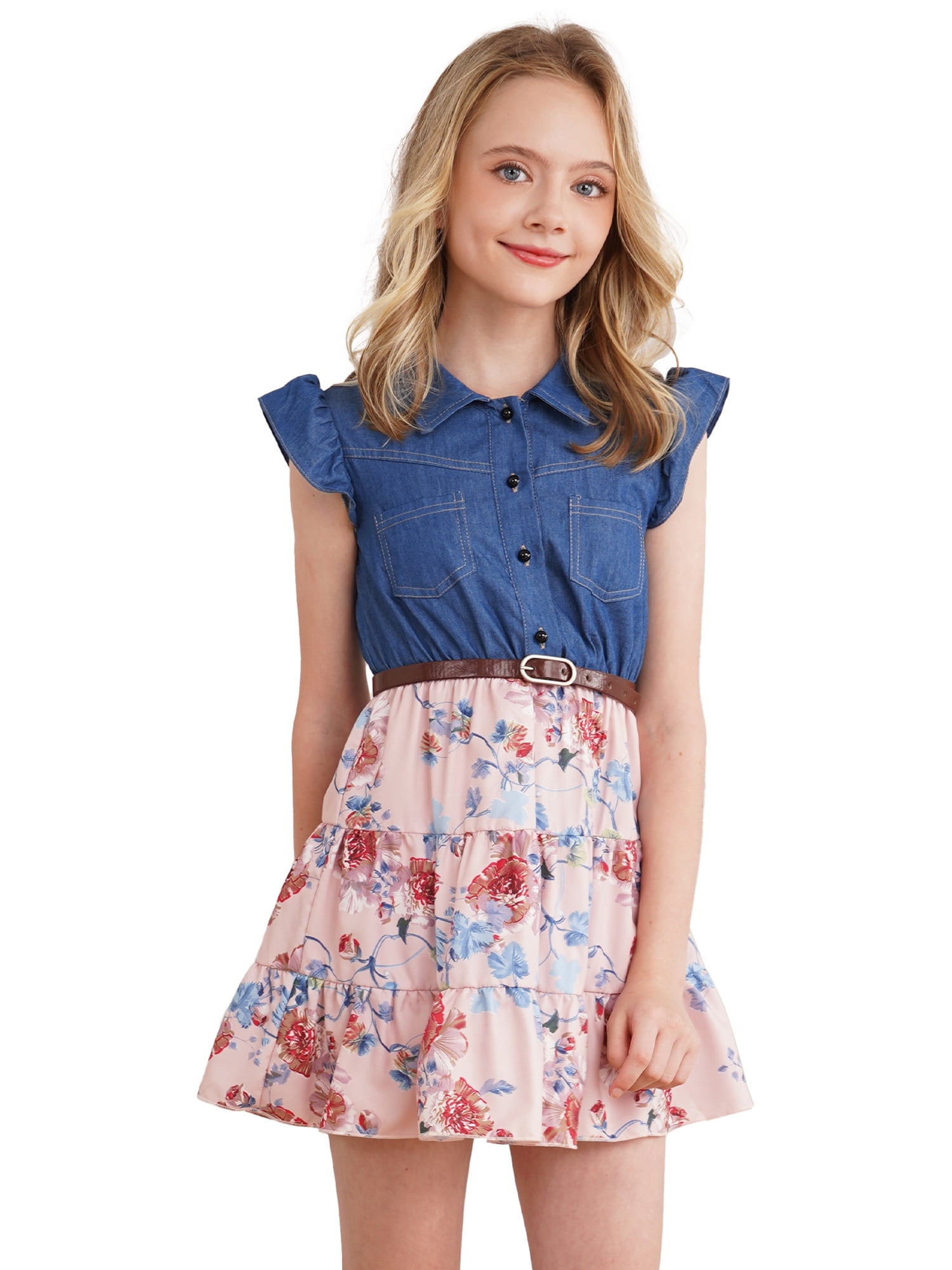 MSemis Girls One-Piece Outfits Flying Sleeve Denim Top with Floral ...