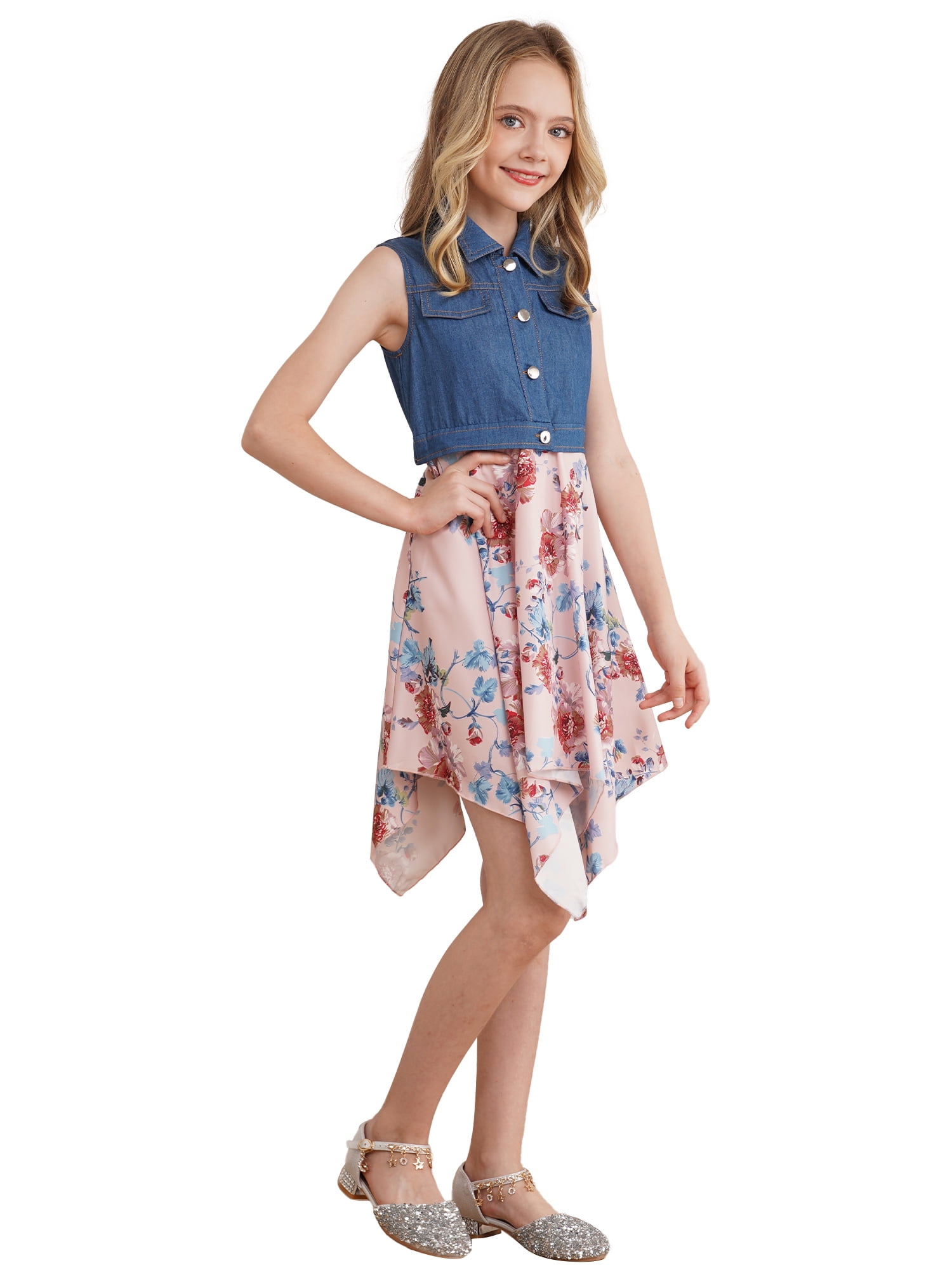 MSemis Girls One-Piece Outfits Flying Sleeve Denim Top with Floral ...