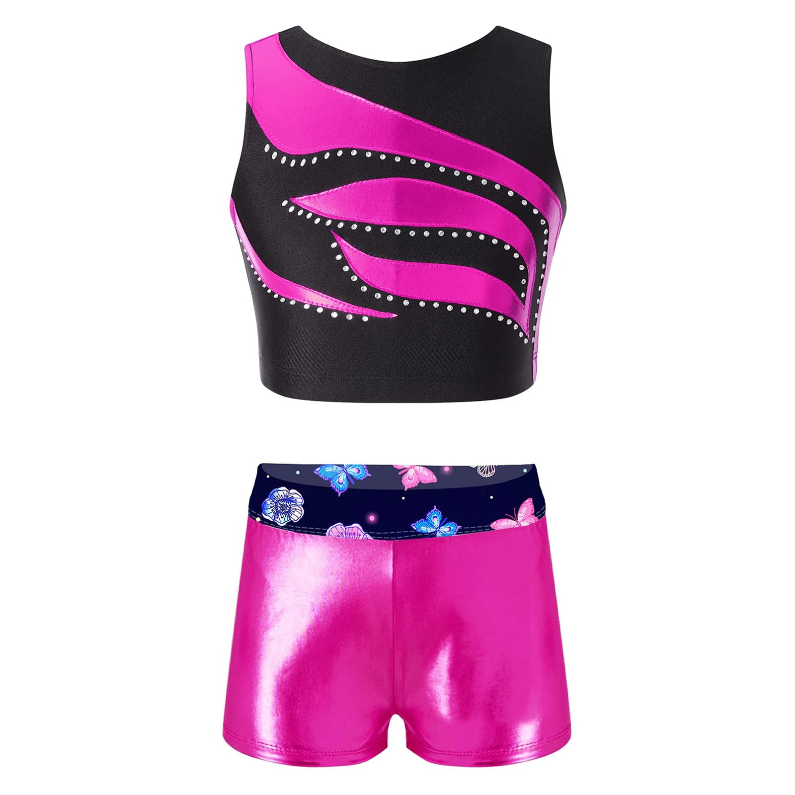 MSemis Kids Girls 2 Pieces Gymnastic Unitard Shiny Crop Top with Shorts ...