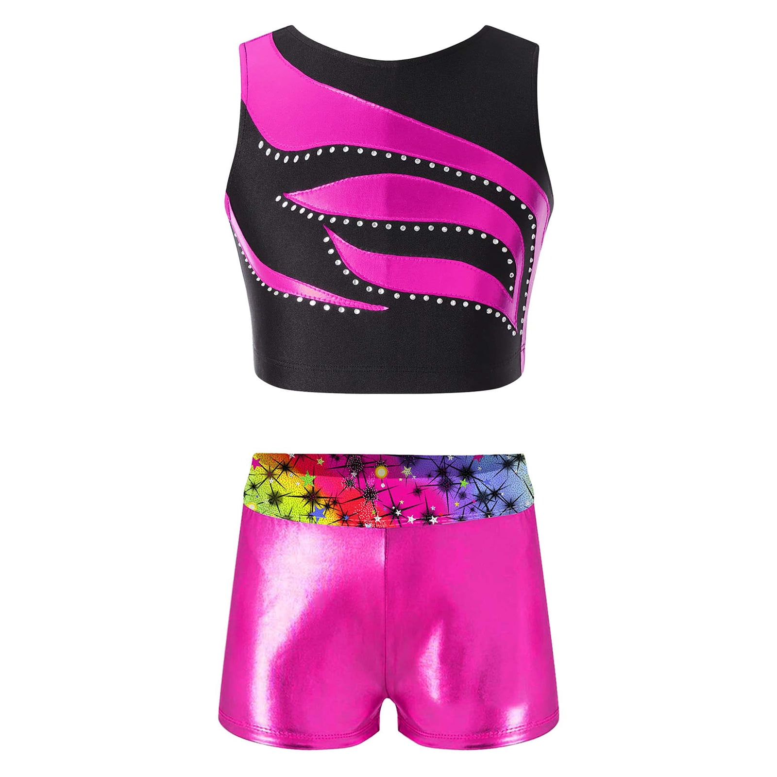 MSemis Kids Girls 2 Pieces Gymnastic Unitard Shiny Crop Top with Shorts ...