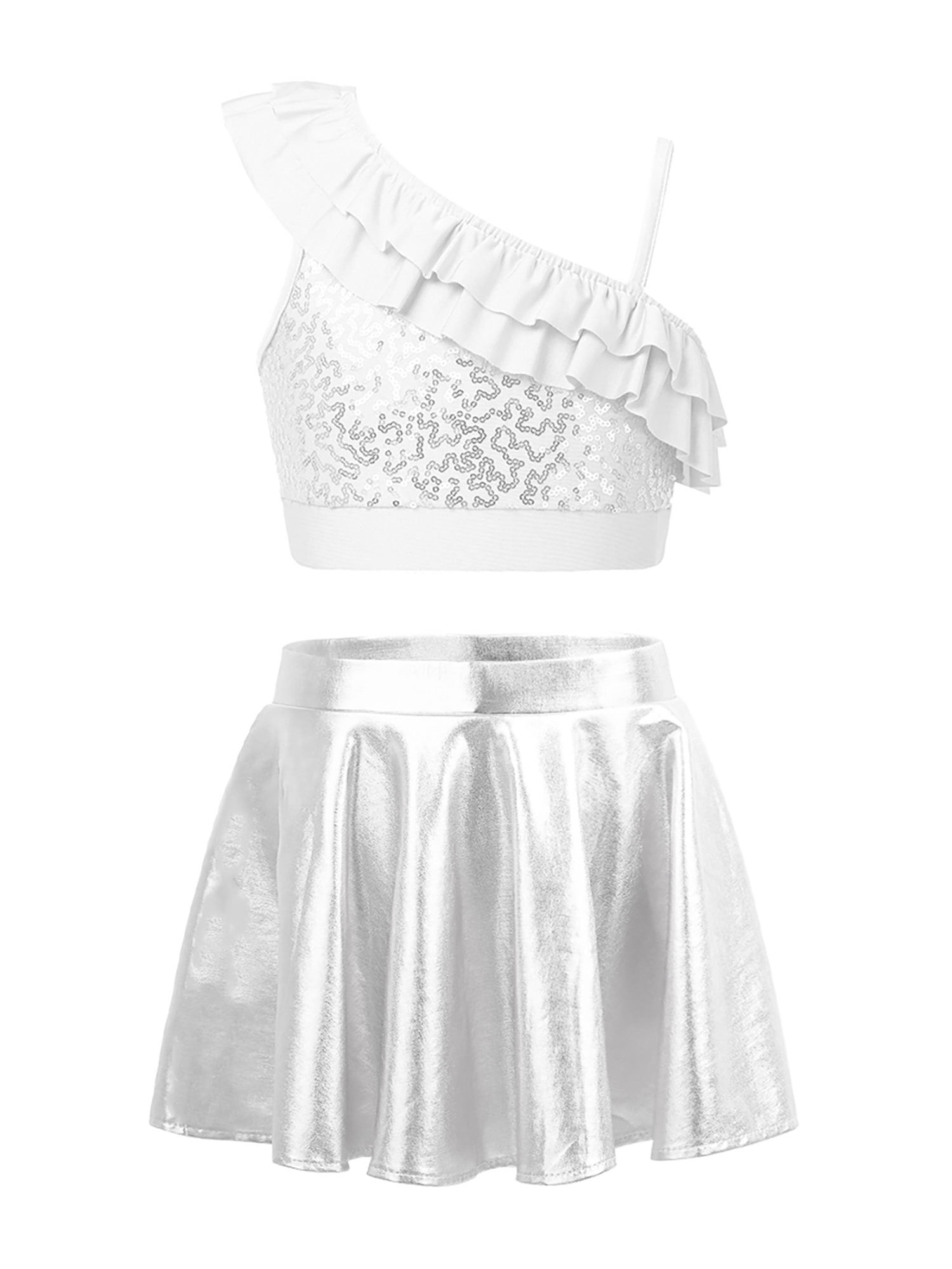 MSemis Kids Girls 2 Pieces Sequins Jazz Modern Dance Crop Top with Mini ...