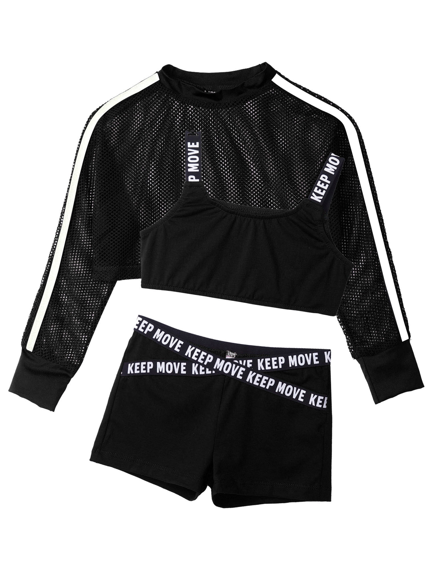 MSemis Kids Girls 3 Piece Hip Hop Dance Outfits Net Cover Ups Crop Top ...