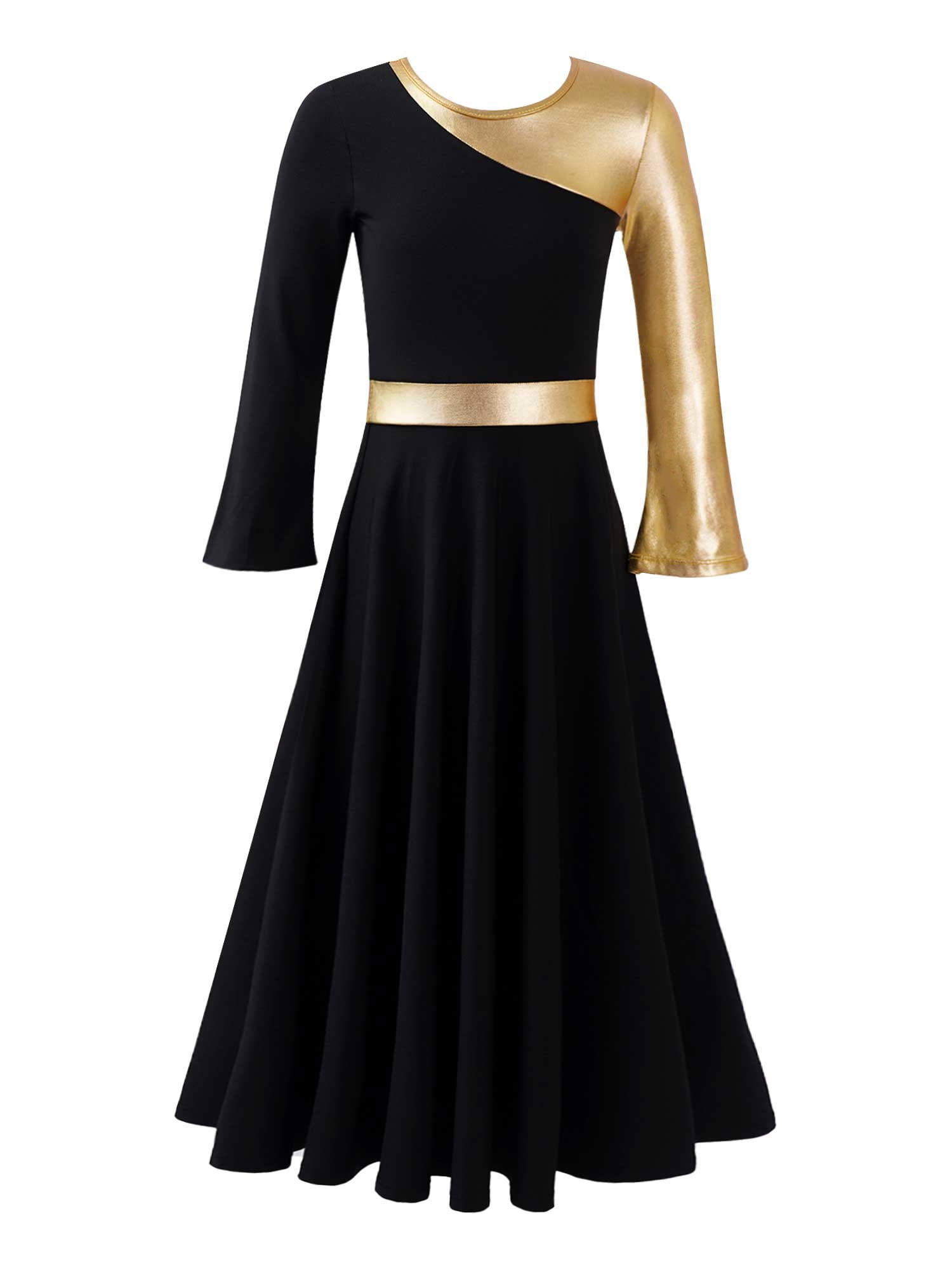MSemis Kids Girls Praise Dance Dress, Gold & Black, Long Sleeve ...
