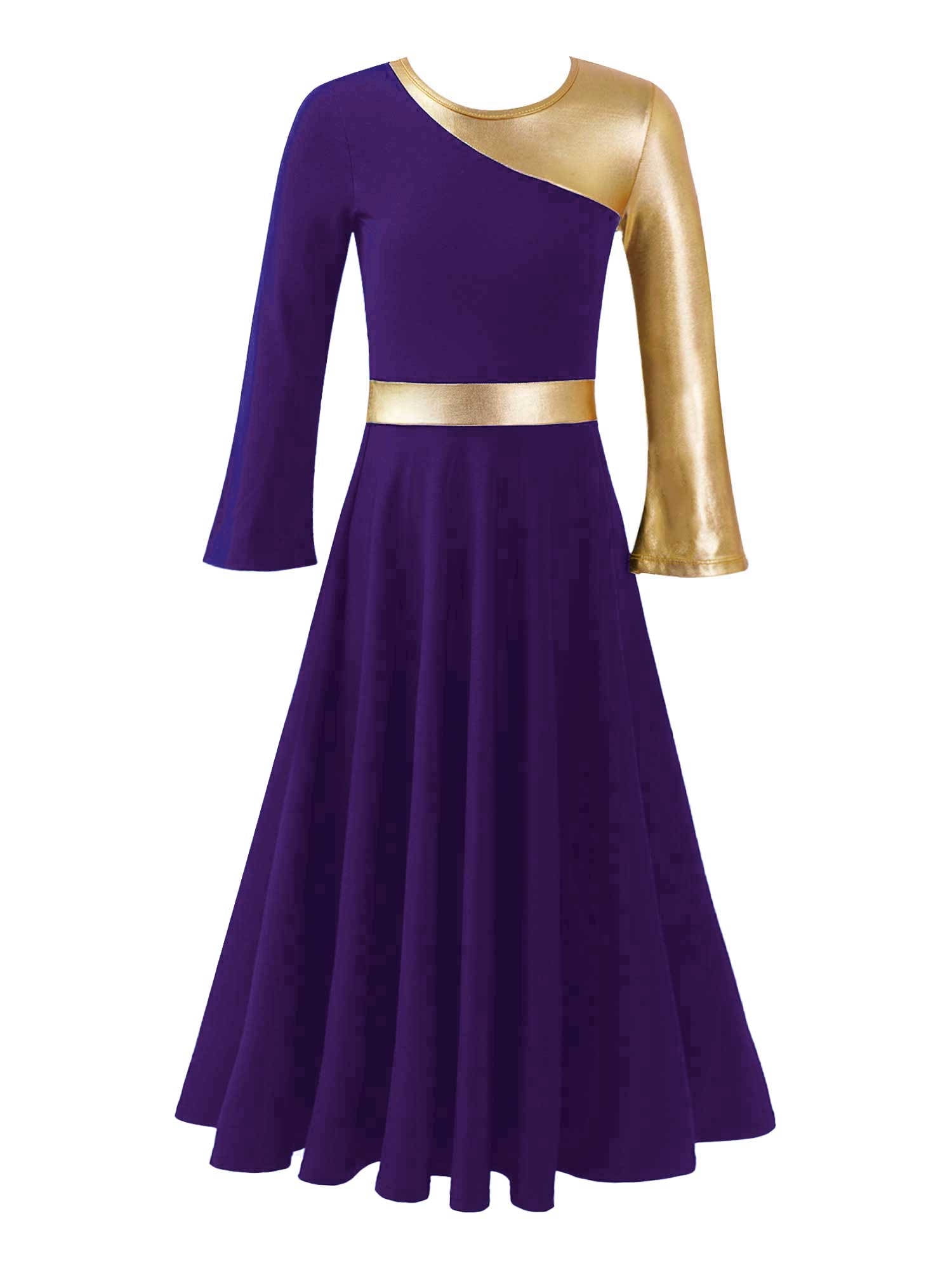 MSemis Kids Girls Praise Dance Dress, Gold Block, Long Sleeve Worship ...