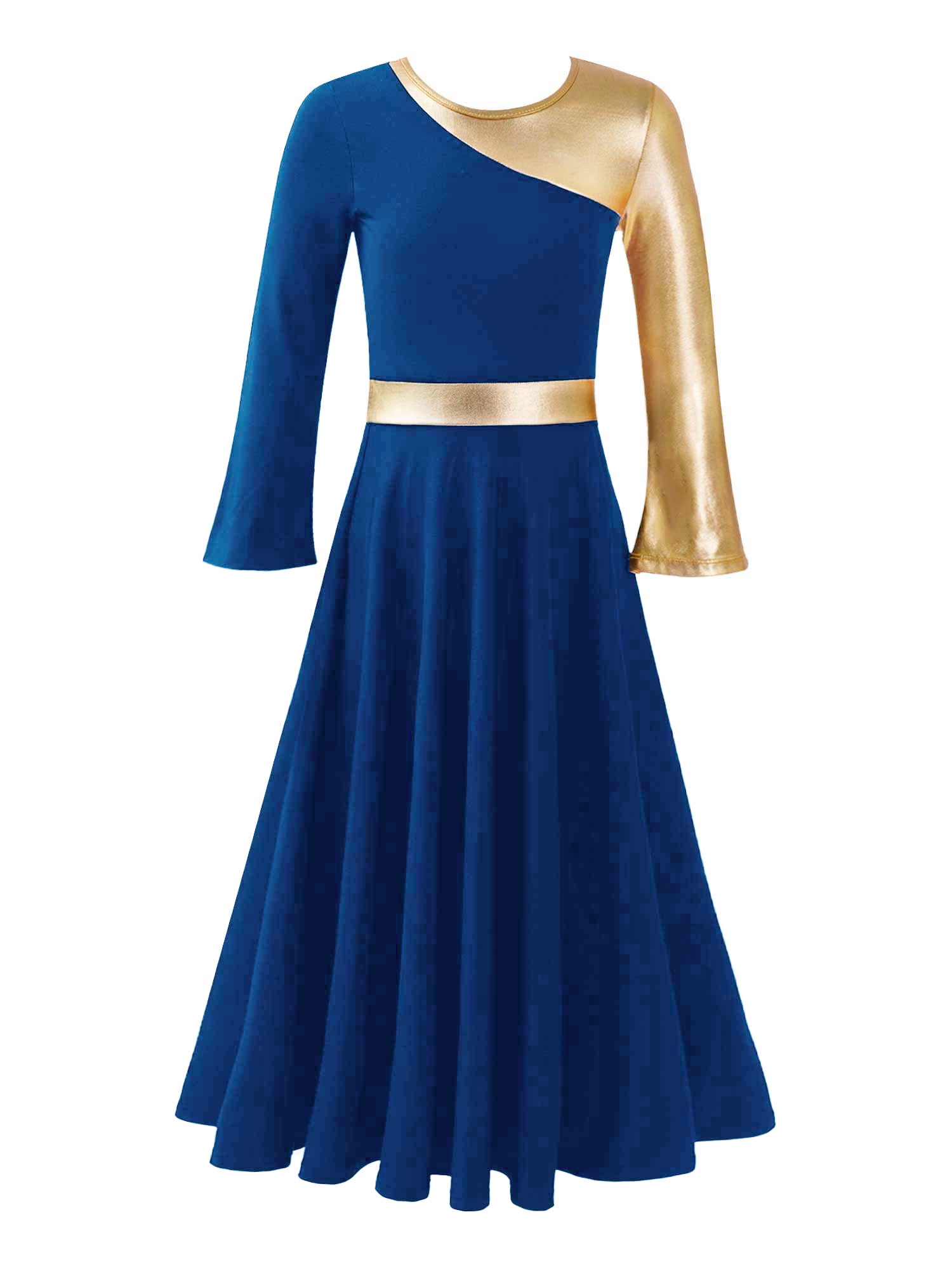 MSemis Kids Girls Gold Color Block Praise Dance Dress Long Sleeve ...