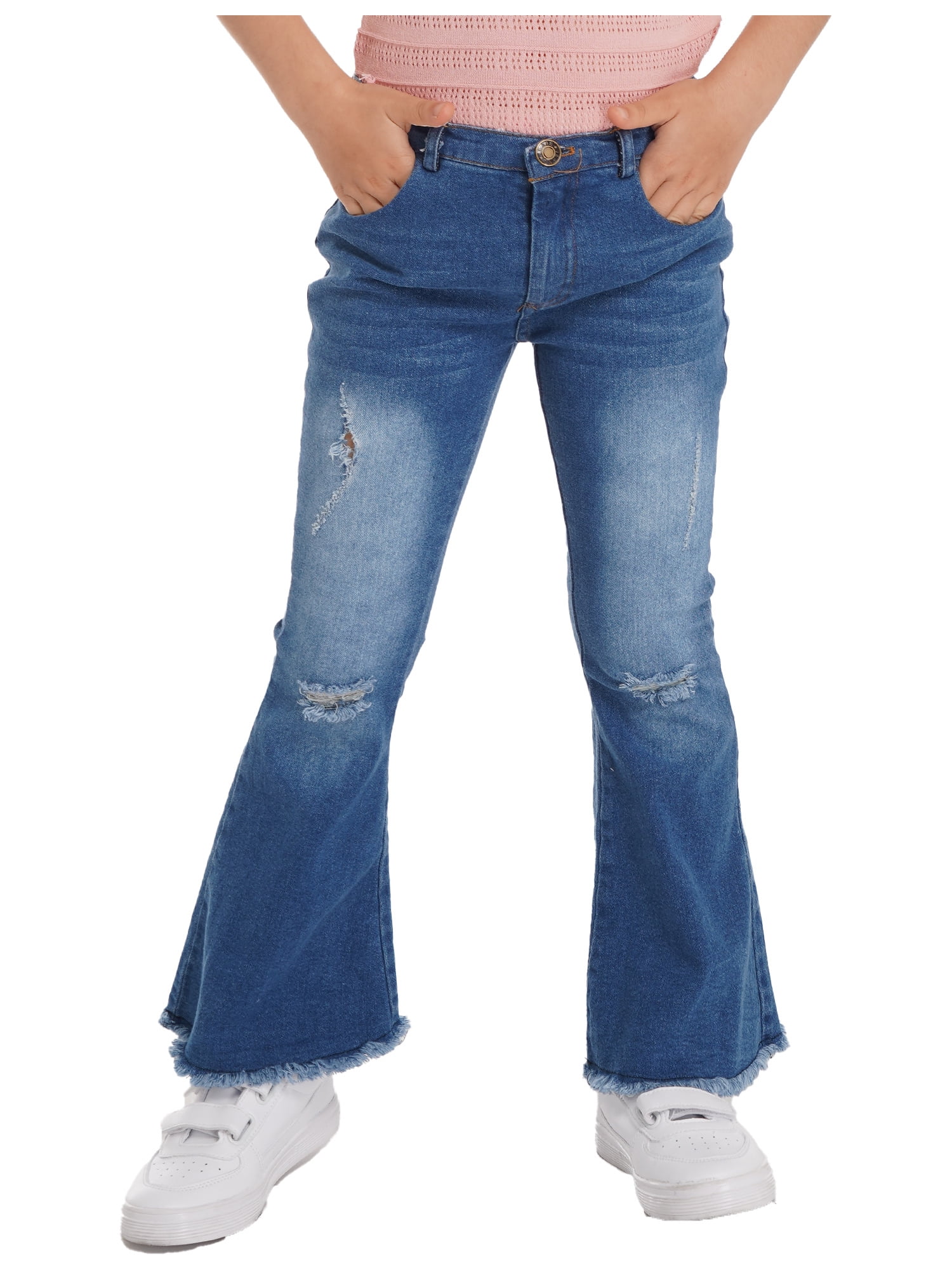 MSemis Kids Girls Jeans Casual Raw Hem Ripped Jeans Flare Bell Bottom ...