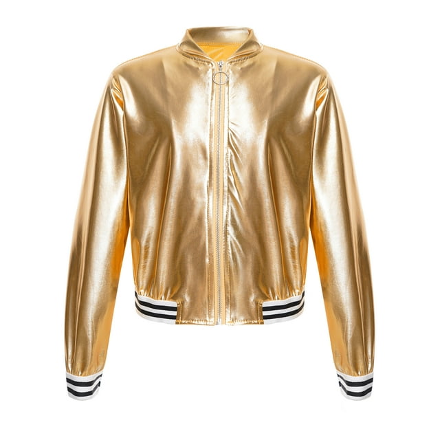 MSemis Girls Glitter Holographic Metallic Bomber Jacket Coat, Gold ...