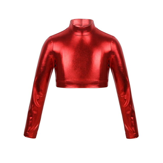MSemis Kids Girls Metallic Long Sleeve Crop Top Turtleneck Glossy Dance ...