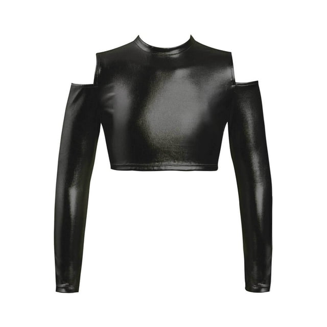 MSemis Kids Girls Metallic Long Sleeve Off-Shoulder Dance Crop Tops ...