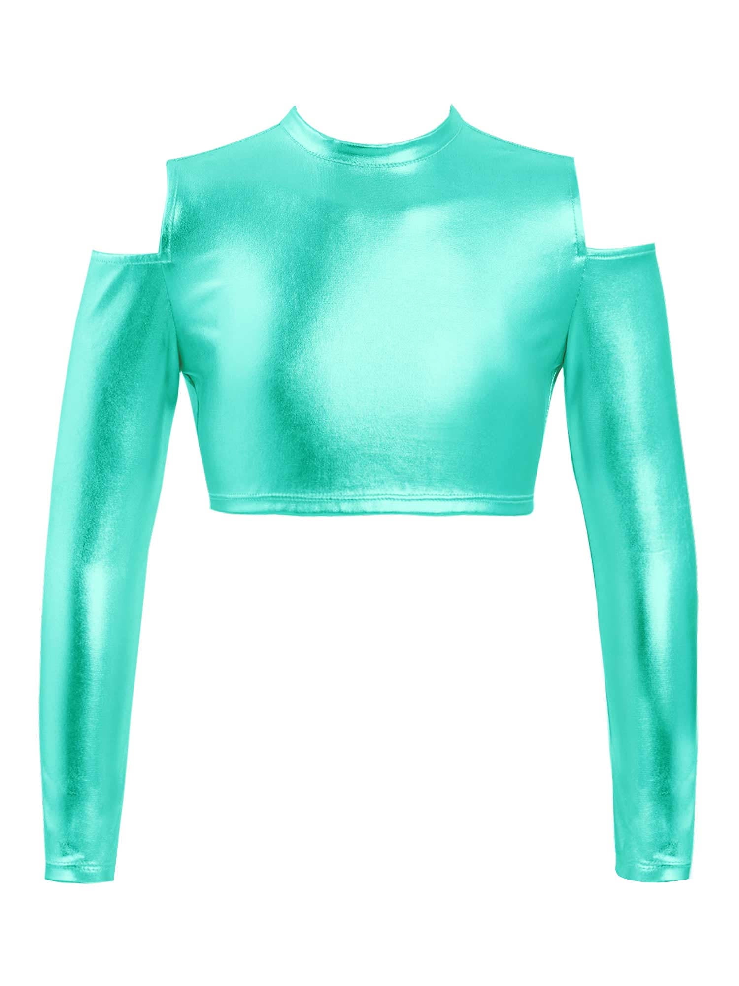 MSemis Kids Girls Metallic Long Sleeve Off-Shoulder Dance Crop Tops ...